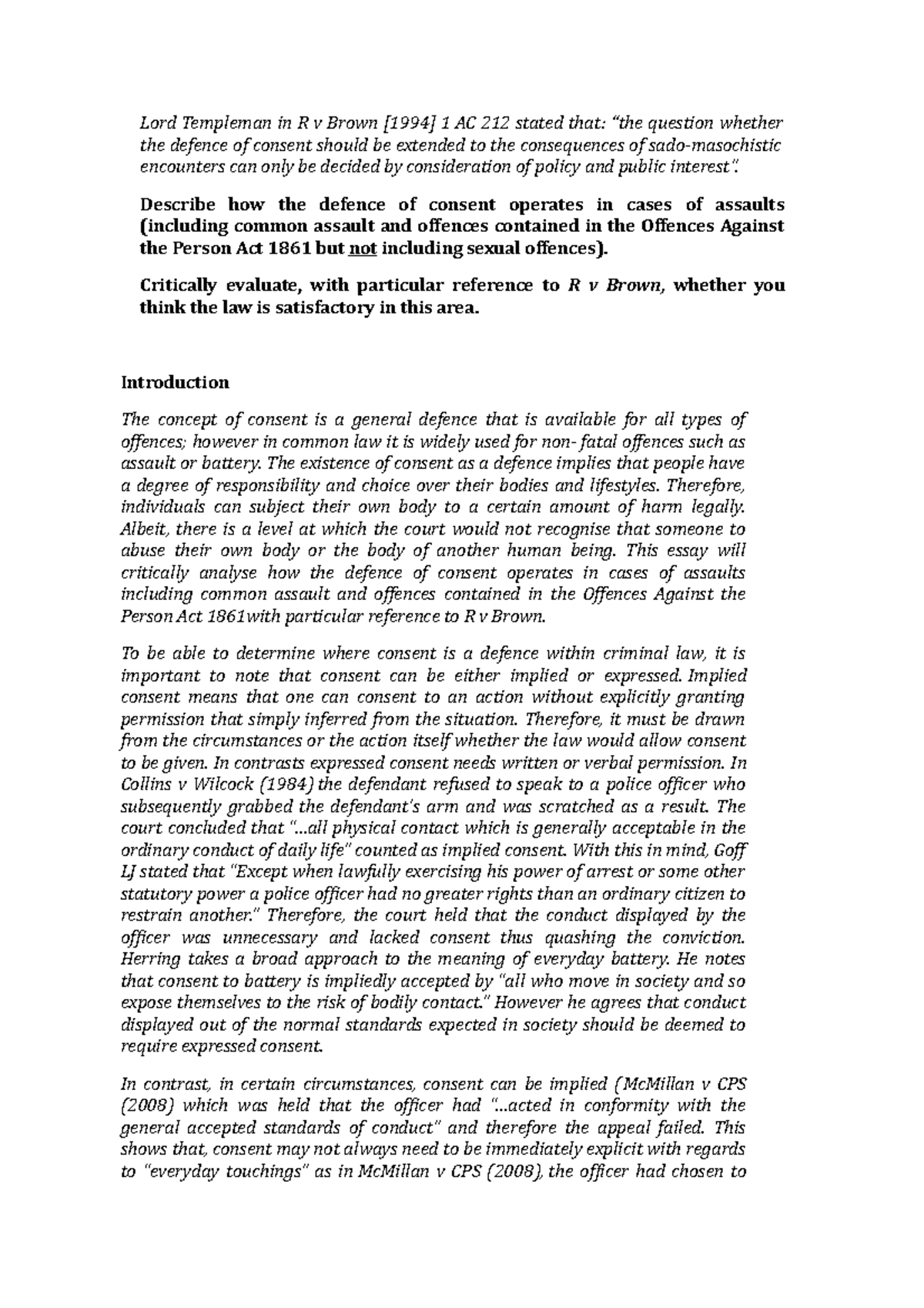 Criminal law, Lord Templeman, Essay Q - Lord Templeman in R v Brown ...