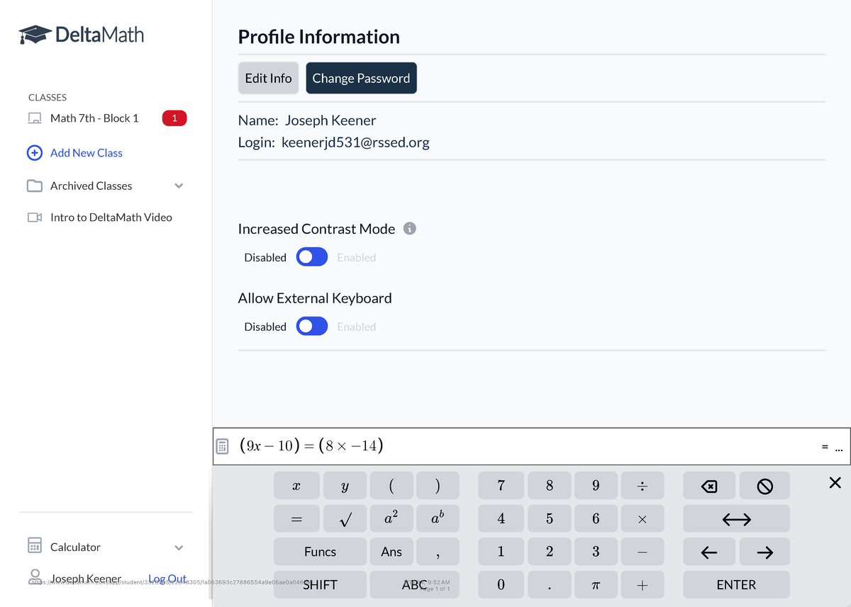 Delta Math Student Application 2 - Profile Information Edit Info Change ...
