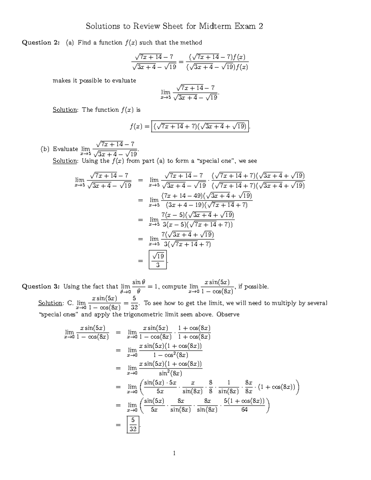 Review Questionswith Solutions - Solutions to Review Sheet for Midterm Exam 2 Question 2: (a ...