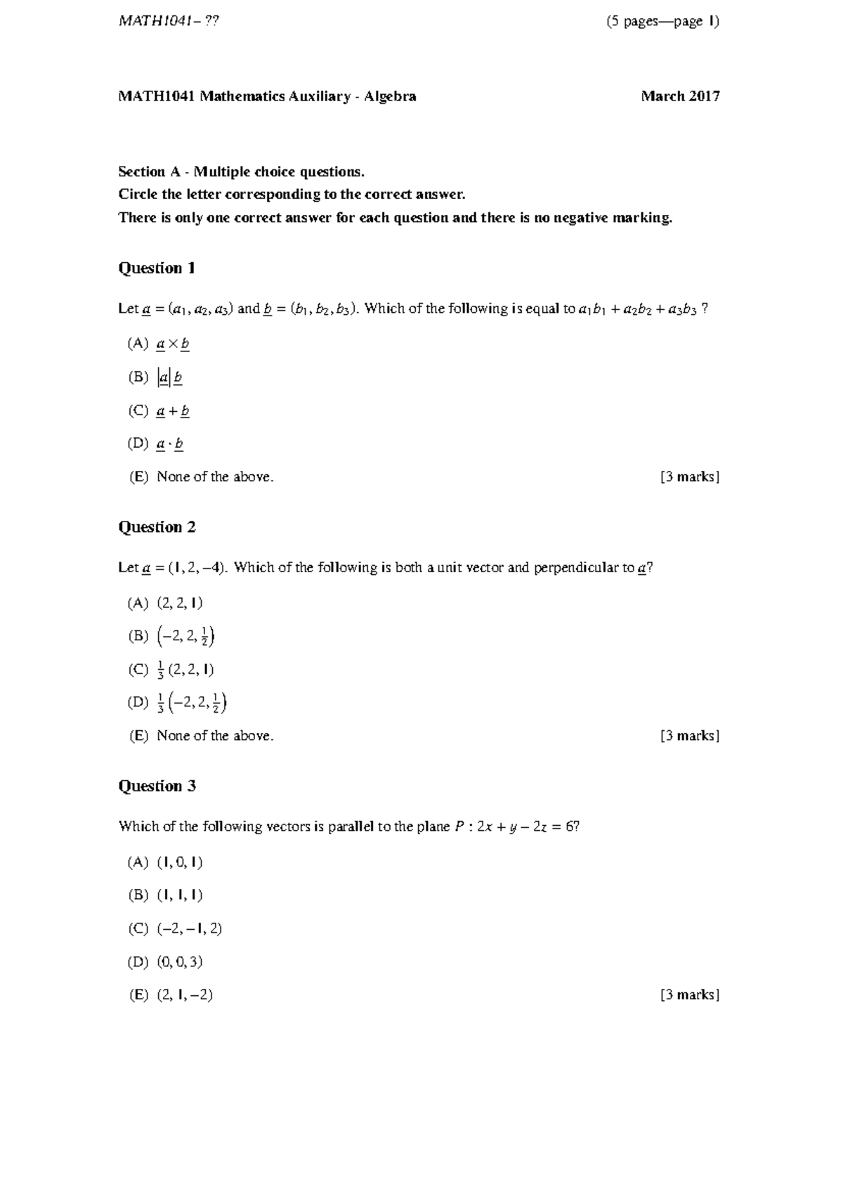 Math1041(Nov2017) - MATH1041– ?? (5 pages—page 1) MATH1041 Mathematics ...