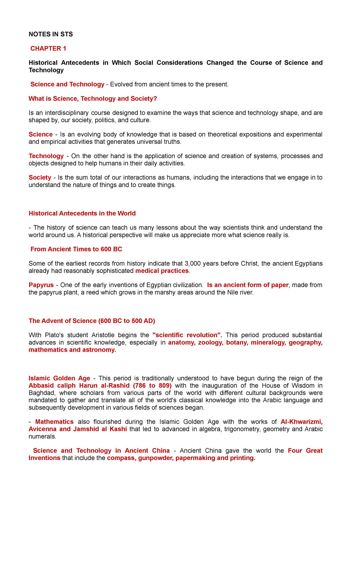Notes-IN-STS - reviewer midterm - NOTES IN STS CHAPTER 1 Historical ...