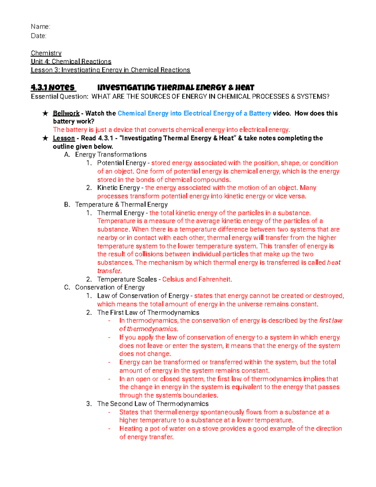 4.3.1 Notes - Name: Date: Chemistry Unit 4: Chemical Reactions Lesson 3 ...