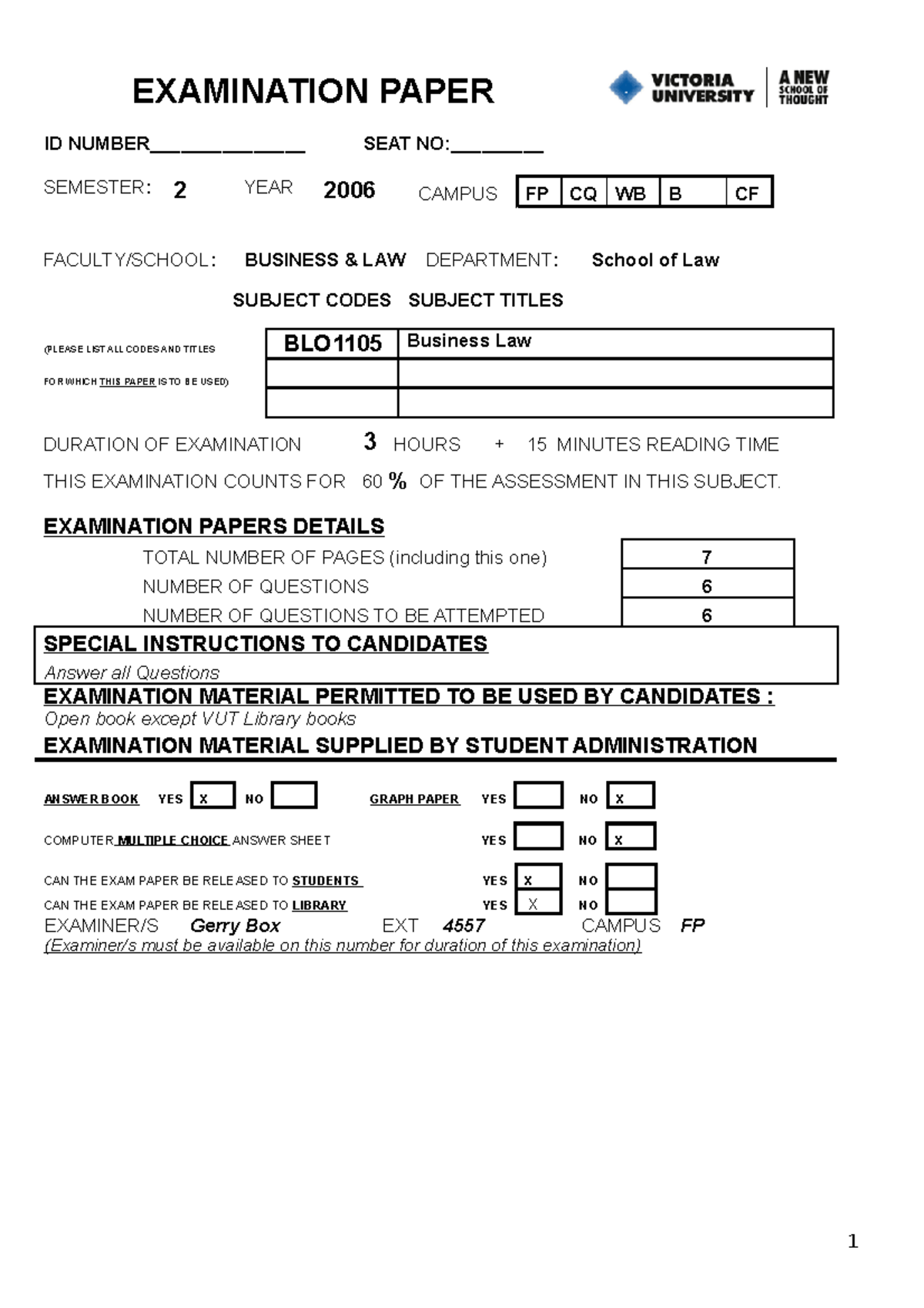 Final Exam 2 2010, questions - EXAMINATION PAPER ID NUMBER ...