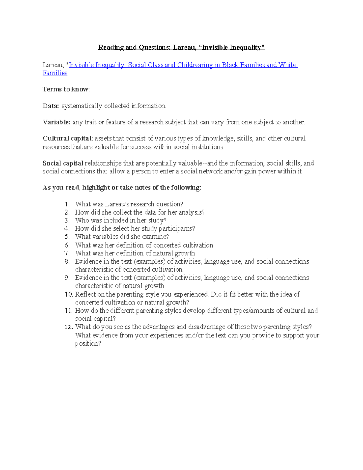 Lareau, Invisible Inequality - Reading and Questions: Lareau ...