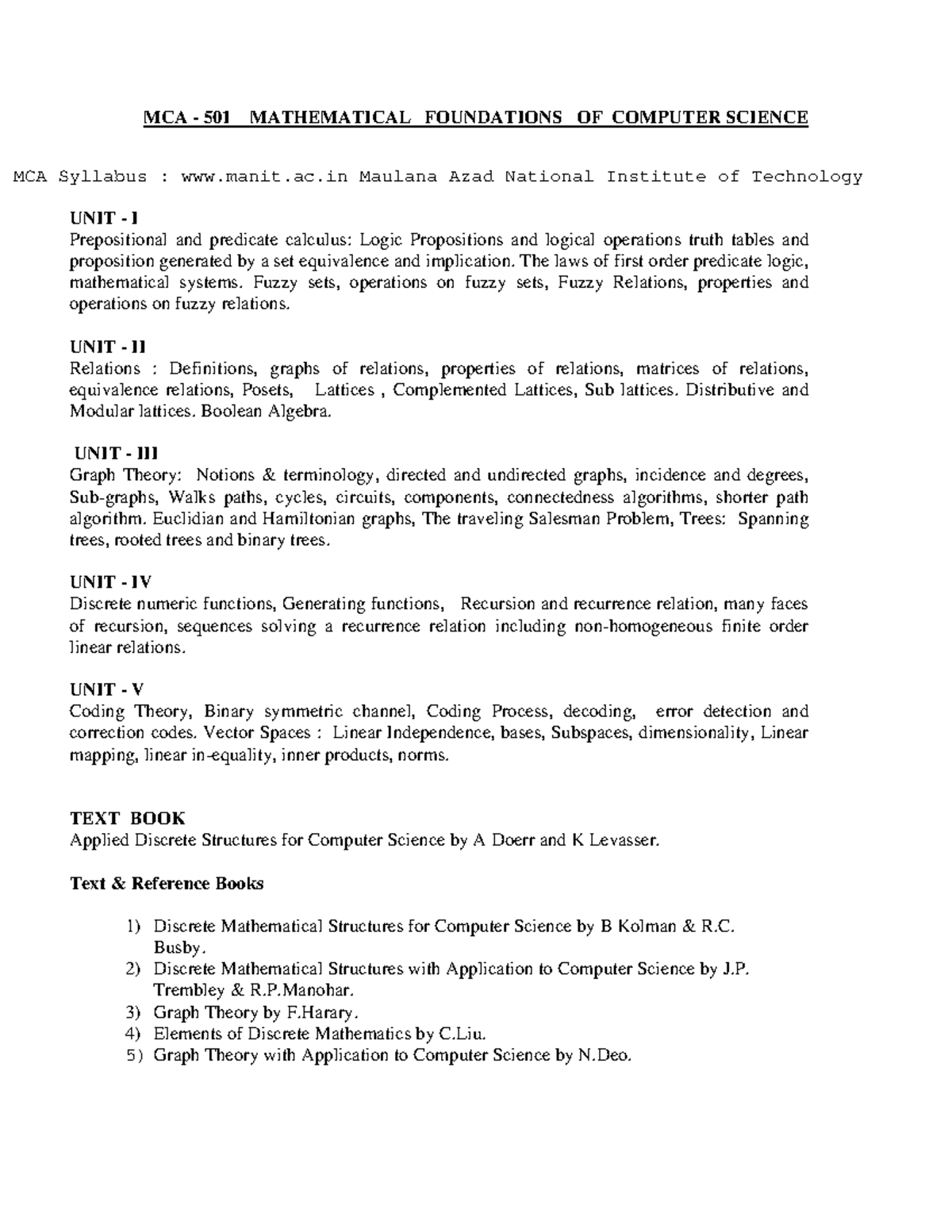 Manit Bhopal MCA Syllabus - MCA - 501 MATHEMATICAL FOUNDATIONS OF COMPUTER SCIENCE MCA Syllabus ...