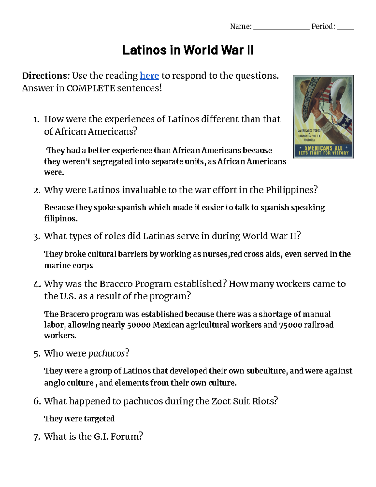 Latinos in WWII - Use the reading here to respond to the questions ...