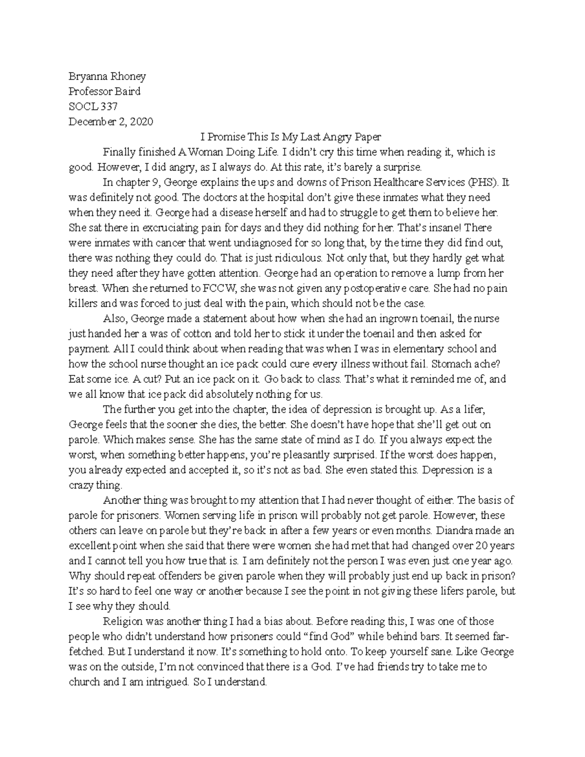 Reflection Paper #4 of A Woman Doing Life - Bryanna Rhoney Professor ...
