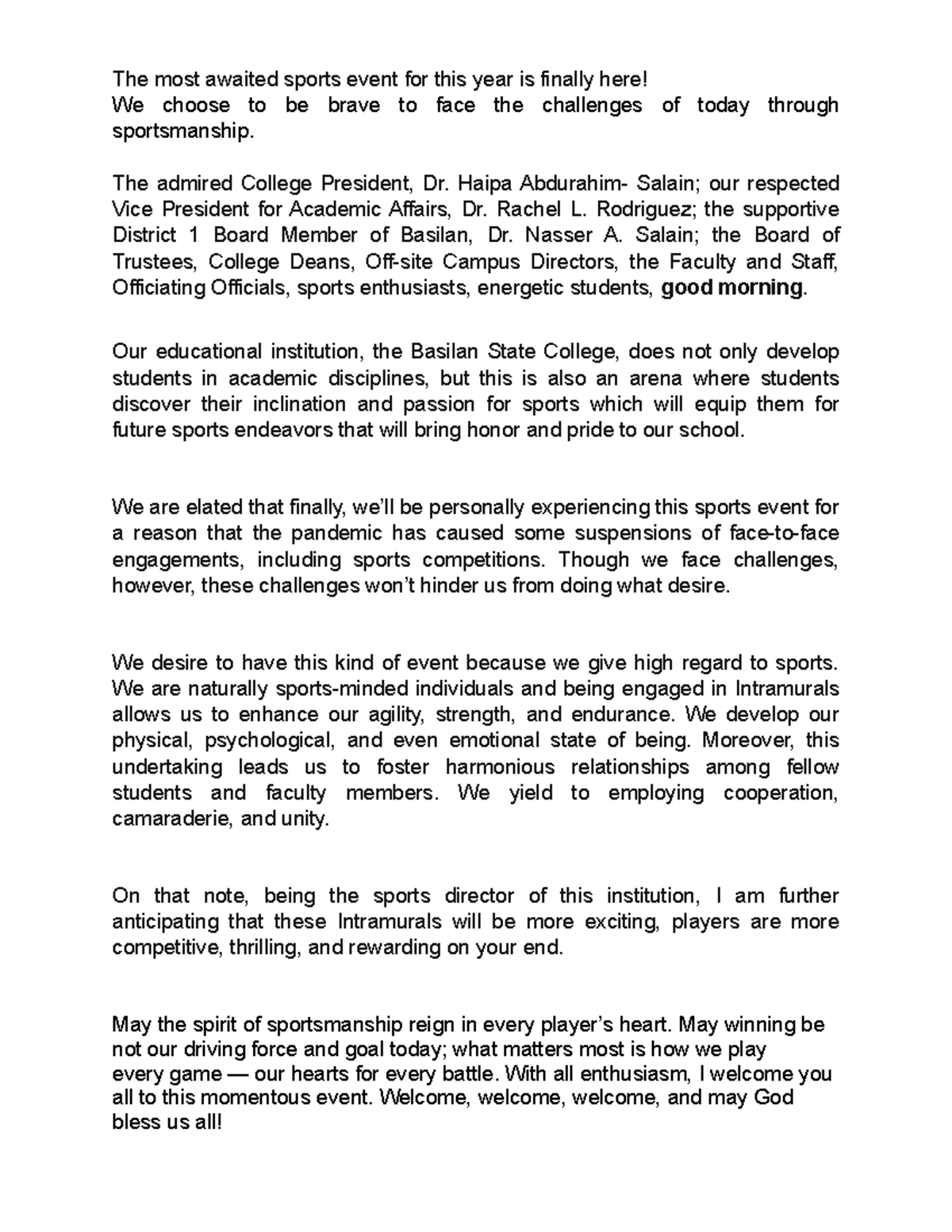 Intrams 23 Speech - The most awaited sports event for this year is ...