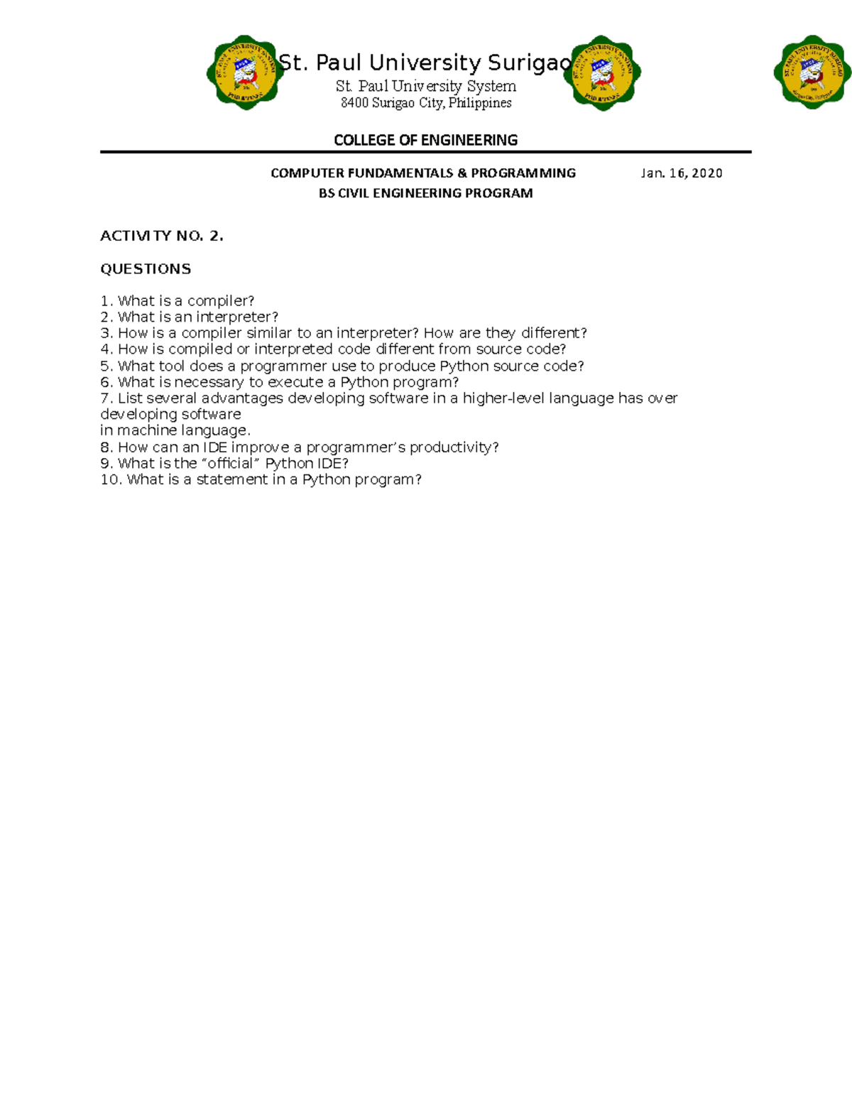 Activity No. 1 - St. Paul University Surigao St. Paul University System 8400 Surigao City, - Studocu