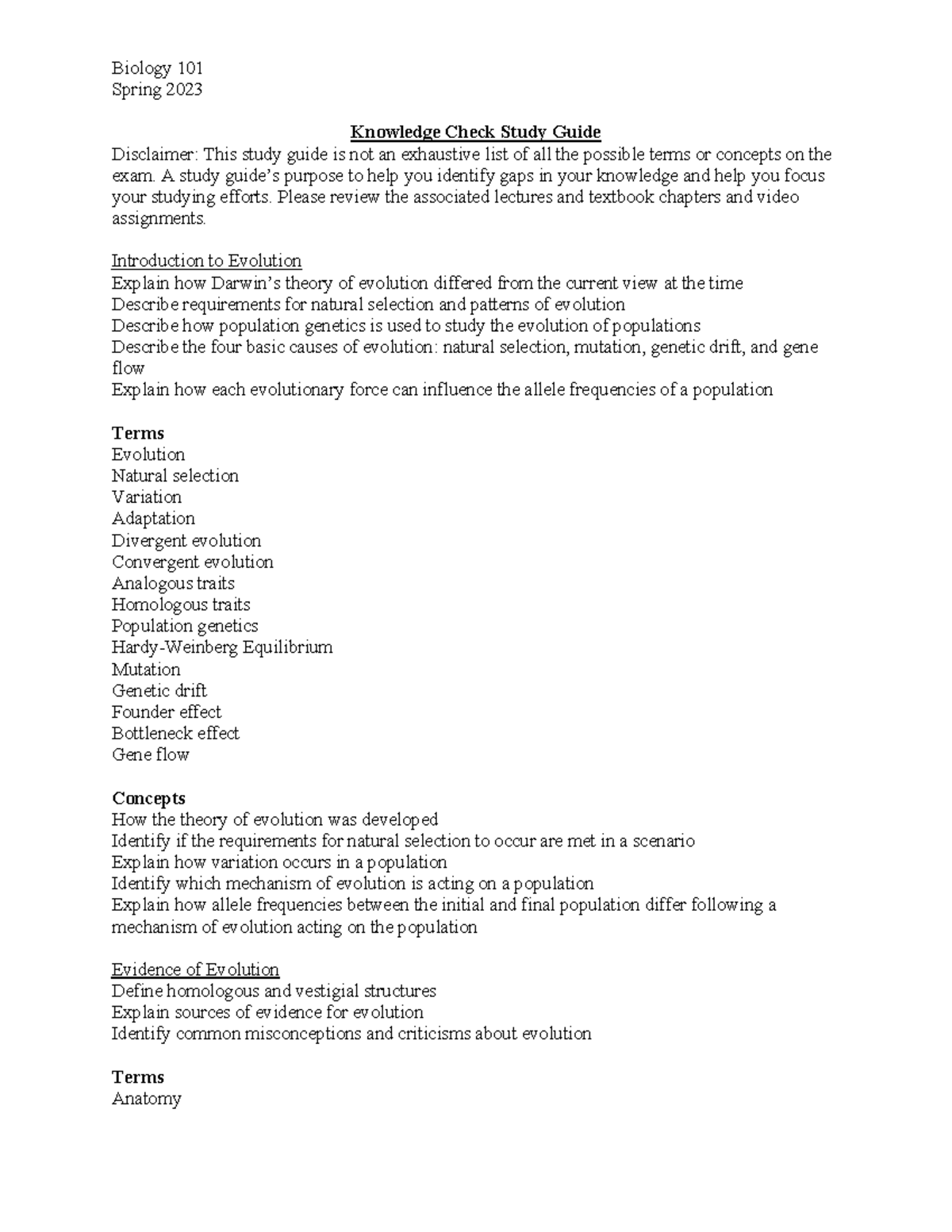 Bio101 Evolution Knowledge Check Study Guide Spring 2023 - Biology 101 ...