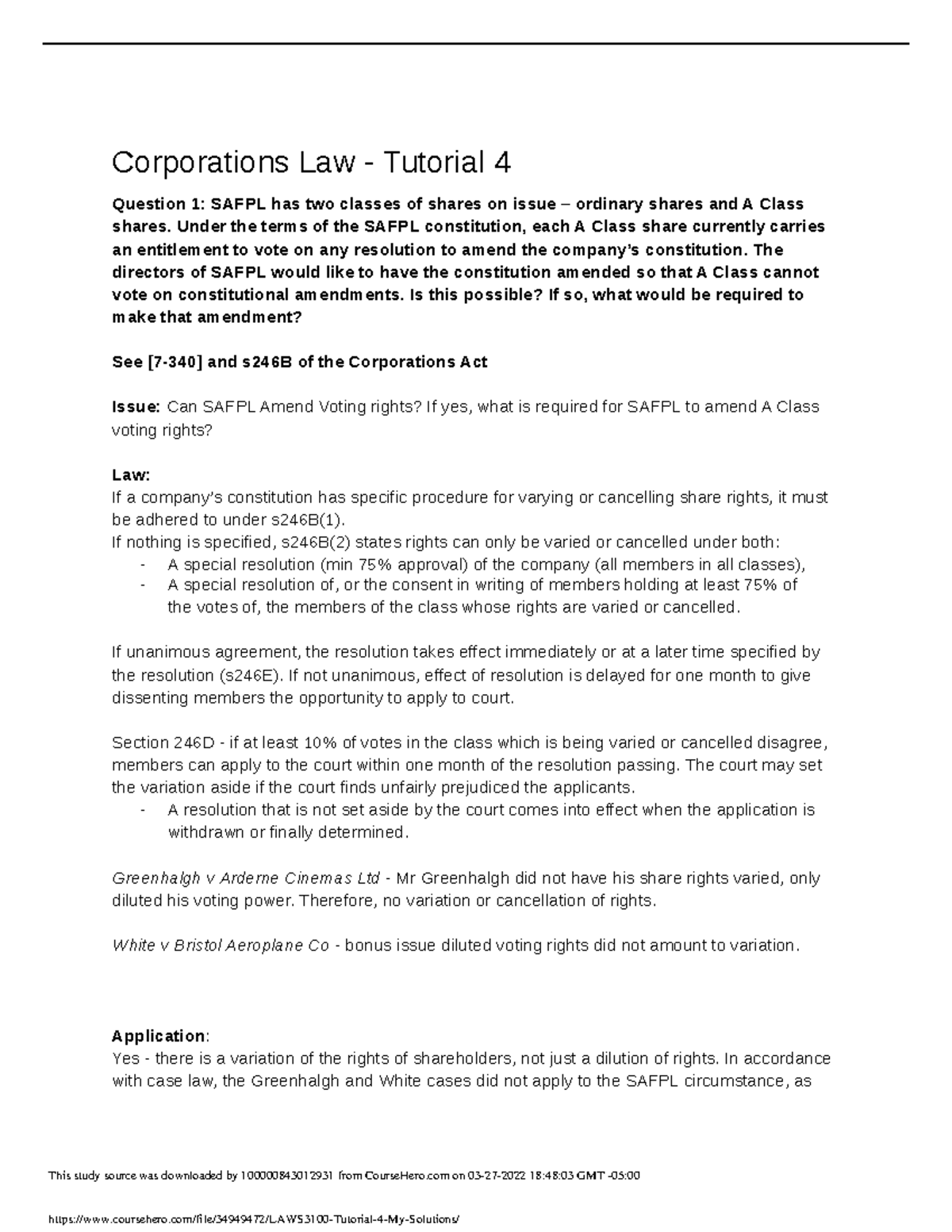 Tutorial 4 1 - 11111 - LAWS3100 - UQ - Studocu