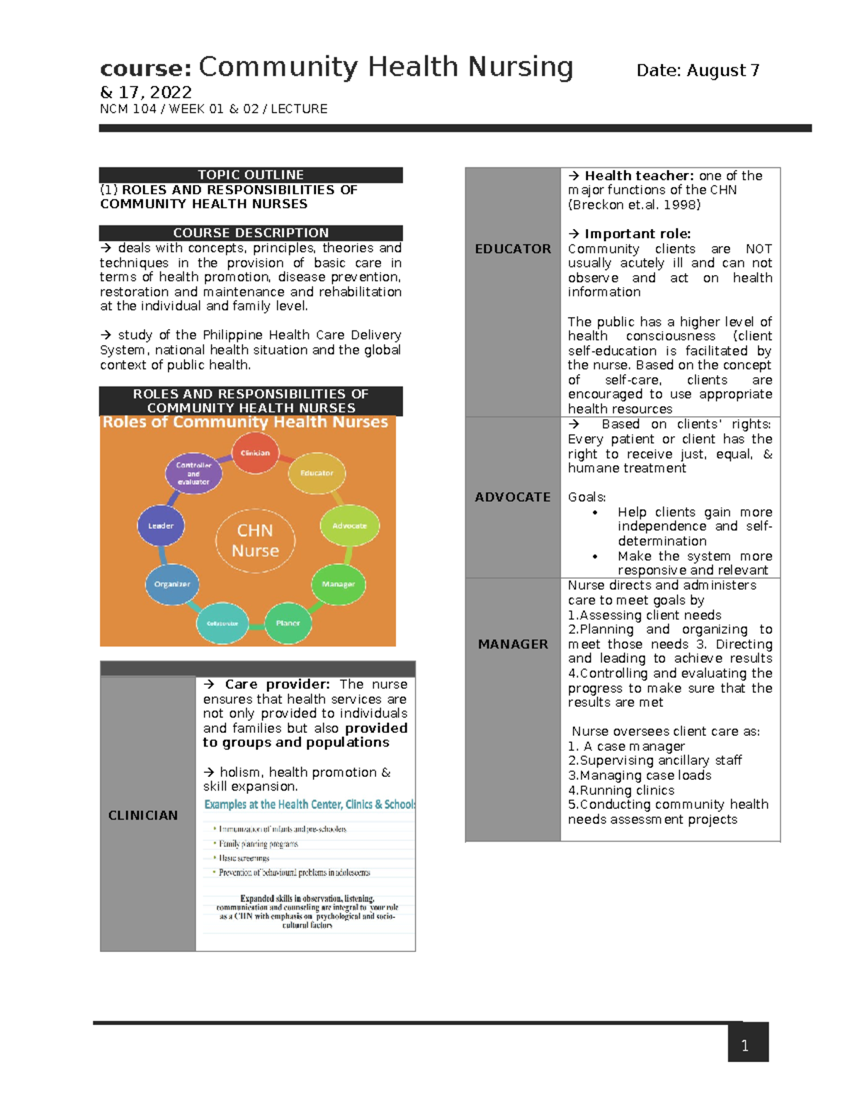 CHN - Module 1 - & 17, 2022 NCM 104 / WEEK 01 & 02 / LECTURE TOPIC ...