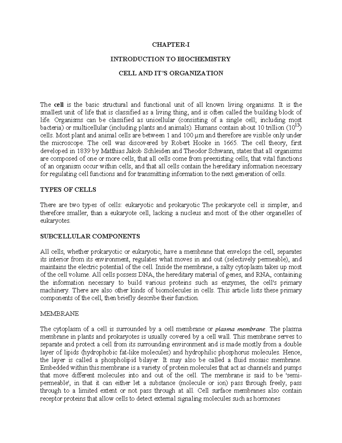 Introduction To Biochemistry - CHAPTER-I INTRODUCTION TO BIOCHEMISTRY ...