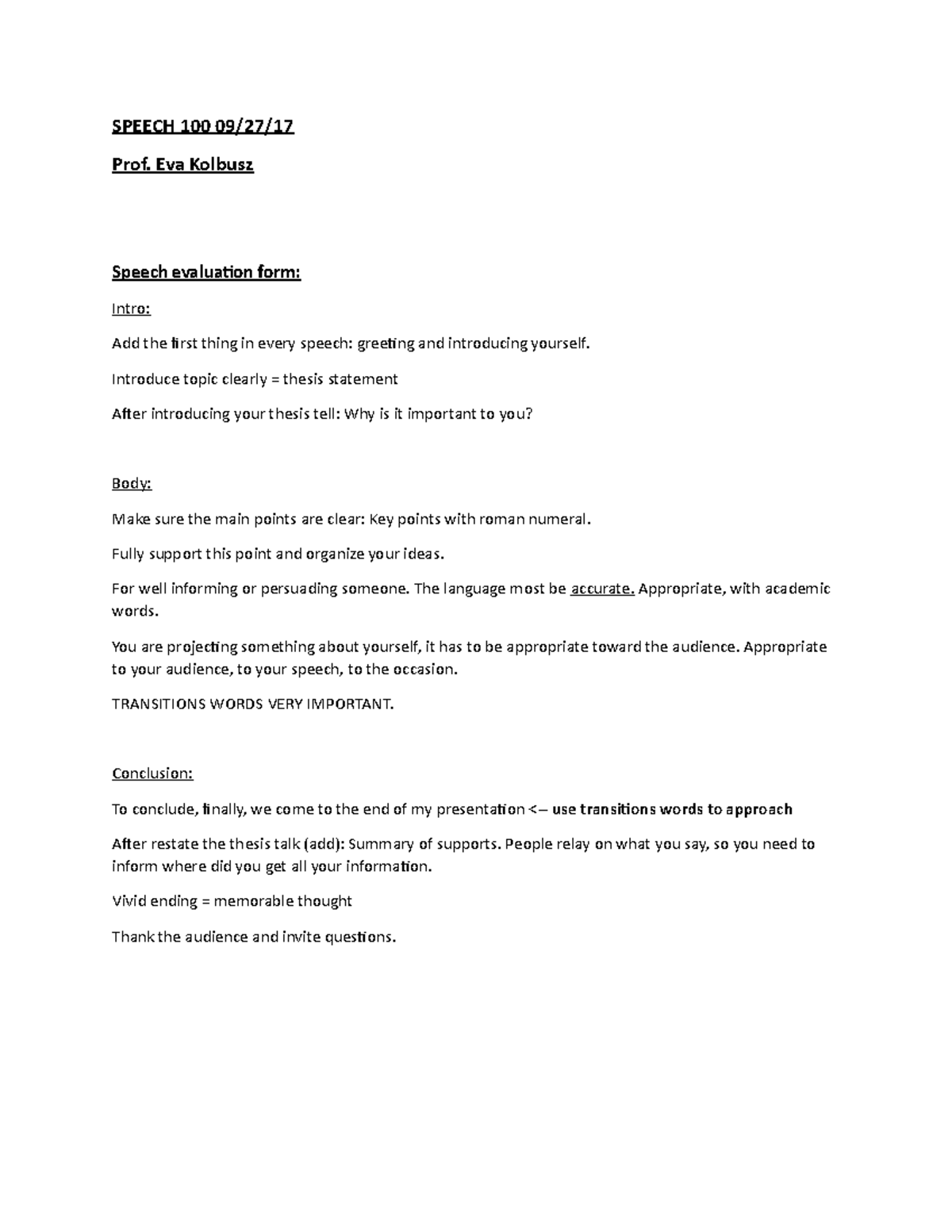 SPE-100 SEPT 27 - SPE 100 Lecture notes. Prof. Eva Kolbusz. BMCC. Fall ...