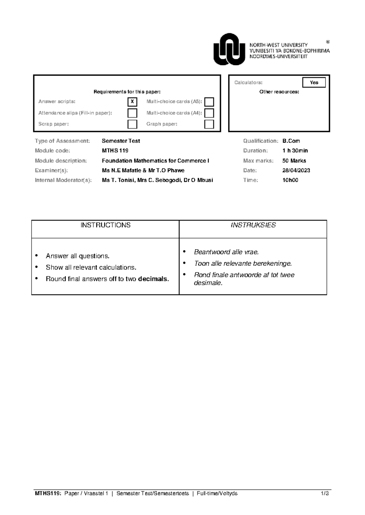 MTHS119 Semester Test 2023 - MTHS119: Paper / Vraestel 1 | Semester ...