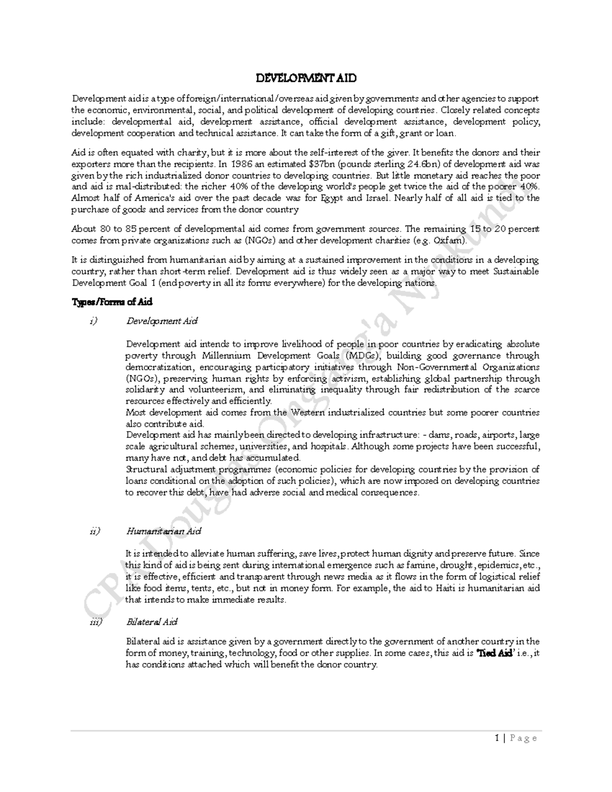 Development Aid - 1 | P a g e DEVELOPMENT AID Development aid is a type of - Studocu