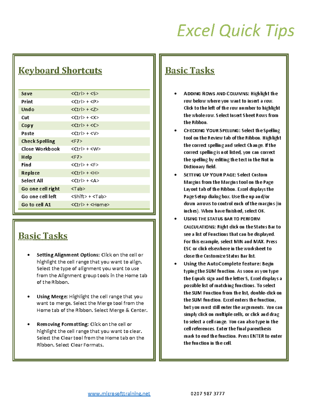Excel Quick Tips - notes - Keyboard Shortcuts Save + Print + - Studocu