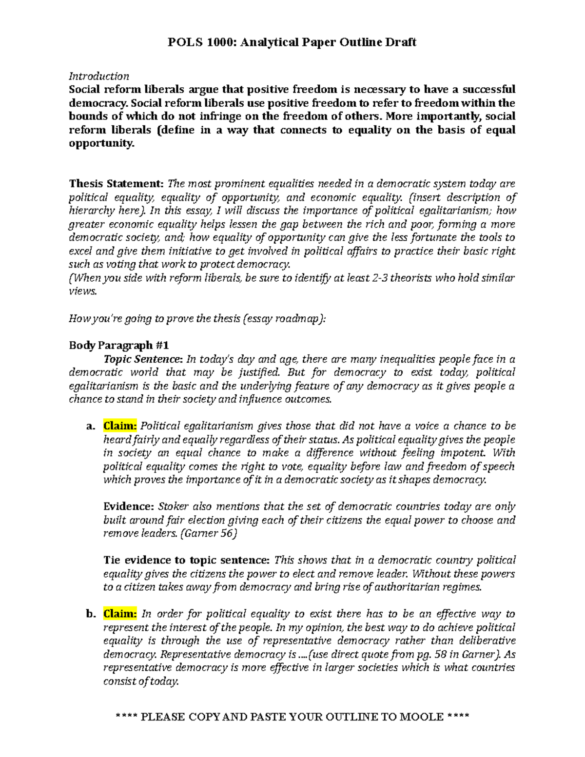 Final Paper Outline Example - POLS 1000: Analytical Paper Outline Draft ...