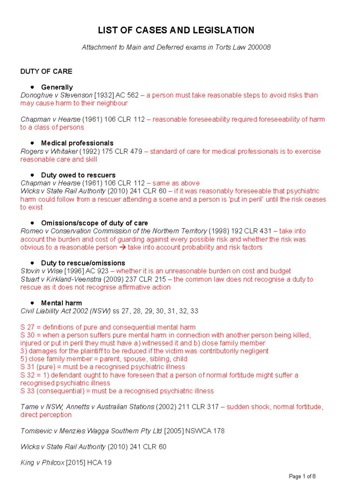 List of cases and legislation annexed to final examination Torts 2000 ...