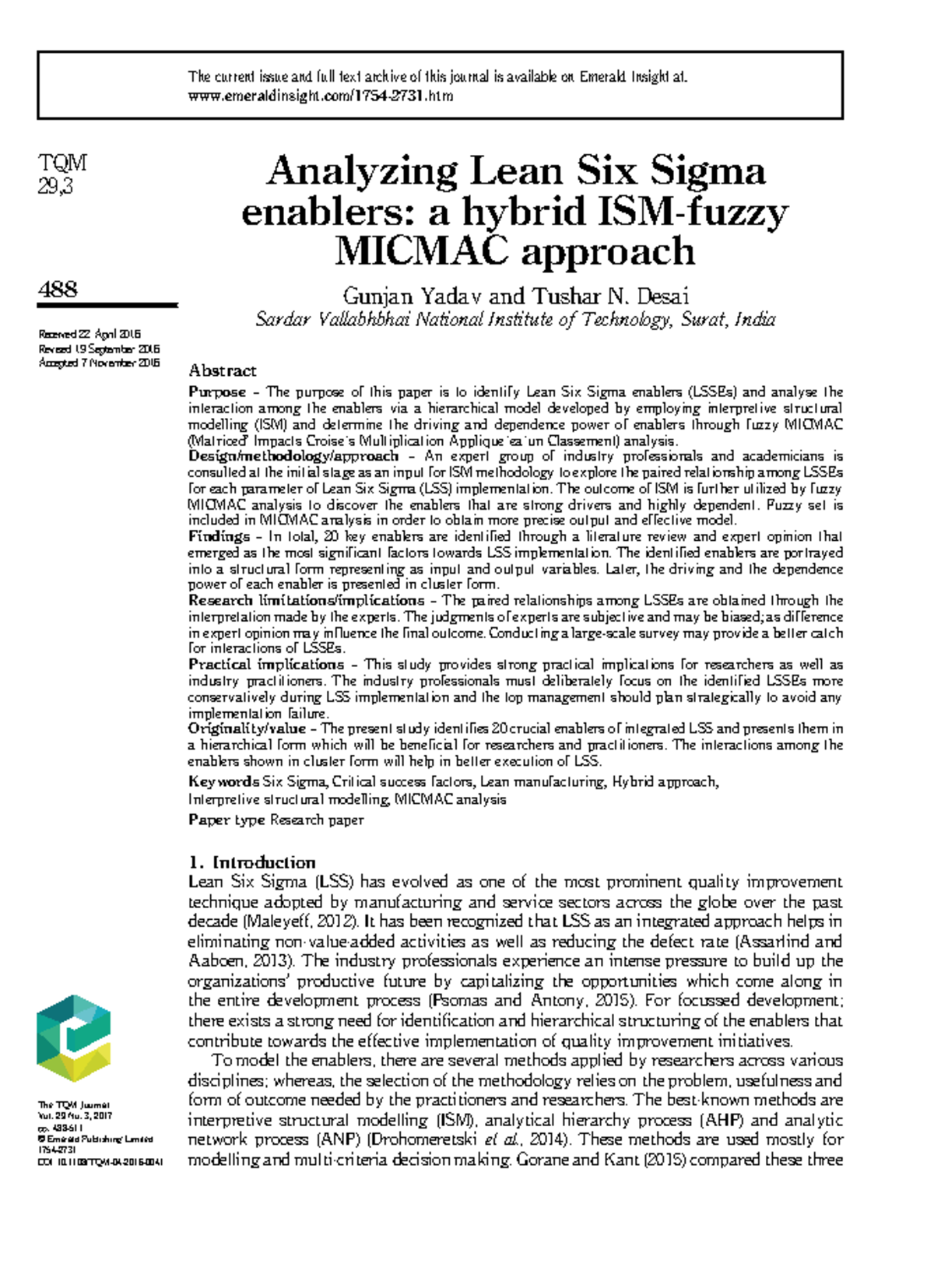 Analyzing Lean Six Sigma enablers a hybrid ISM-fuzzy Micmac approach - logistics - Studocu