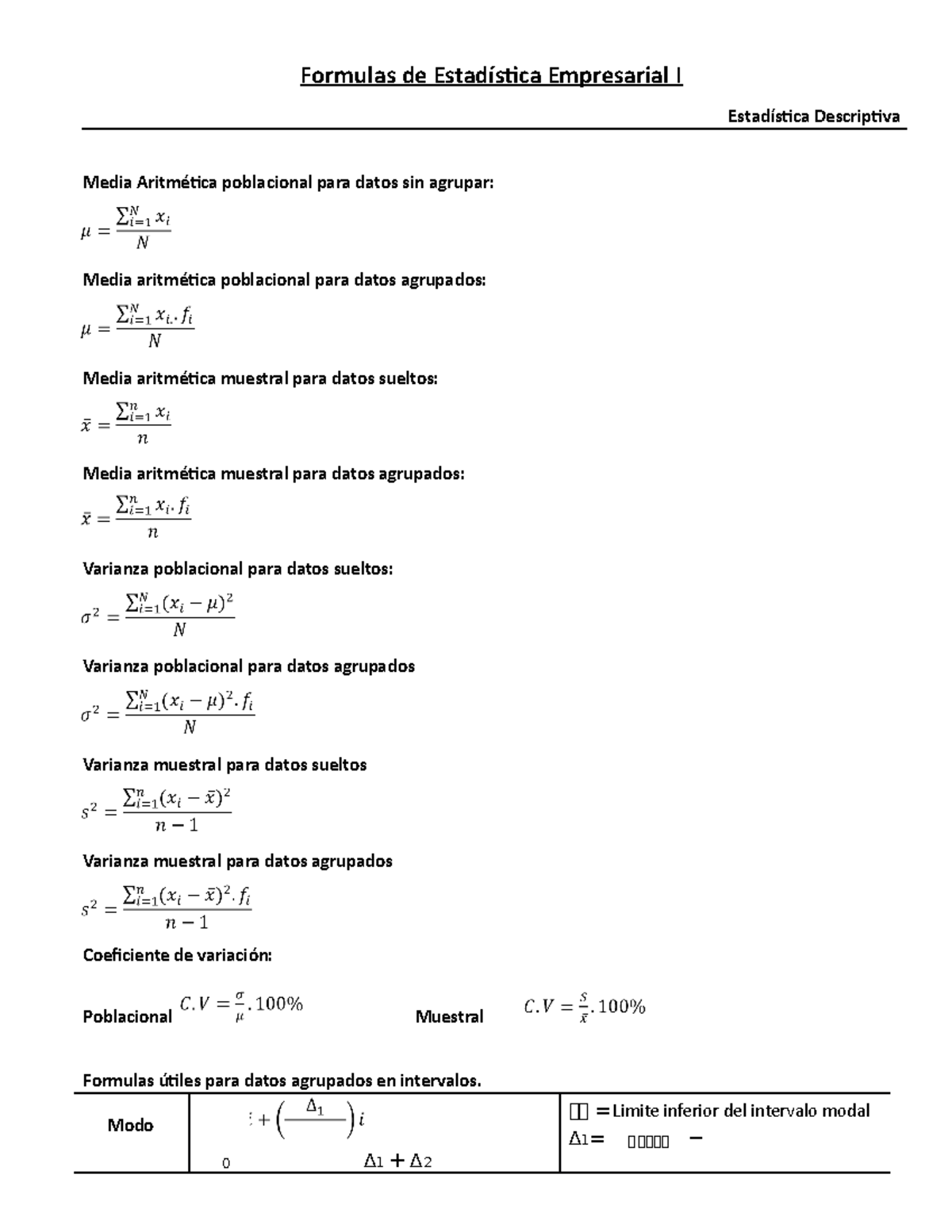Formulas de Estadistica Empresarial 1 año 2021 - Formulas de ...