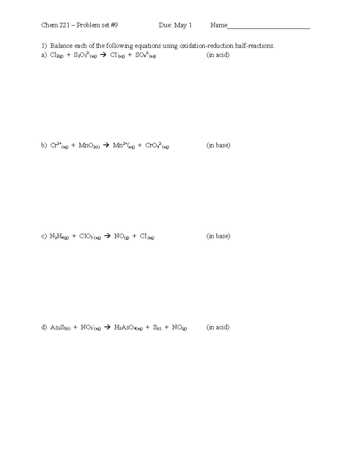 Problem set 8 - electrochem - Chem 221 – Problem set #9 Due: May 1 Name ...