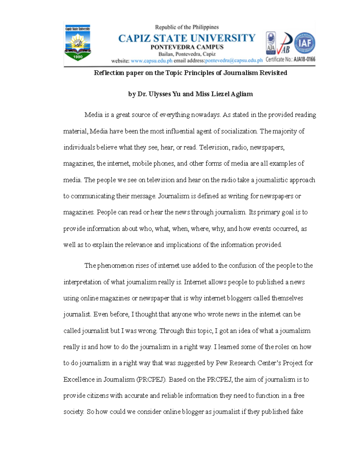 TASK 4 IN Campus Journalism Reflection paper on the Topic Principles of ...