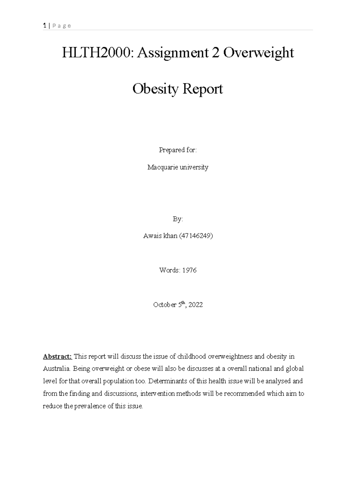 Assignment health fin - HLTH2000: Assignment 2 Overweight Obesity ...