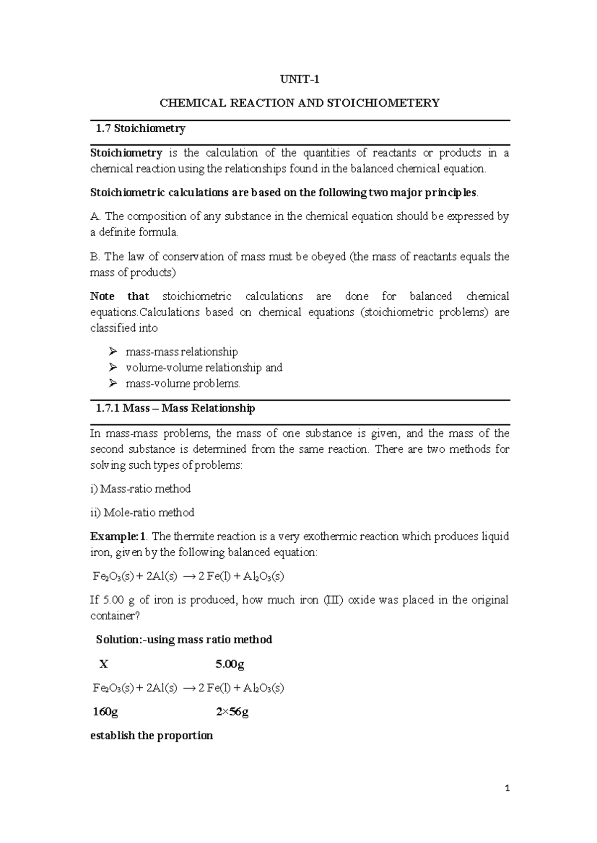 Stoichiometry - sfdghjkl; - UNIT- CHEMICAL REACTION AND STOICHIOMETERY ...