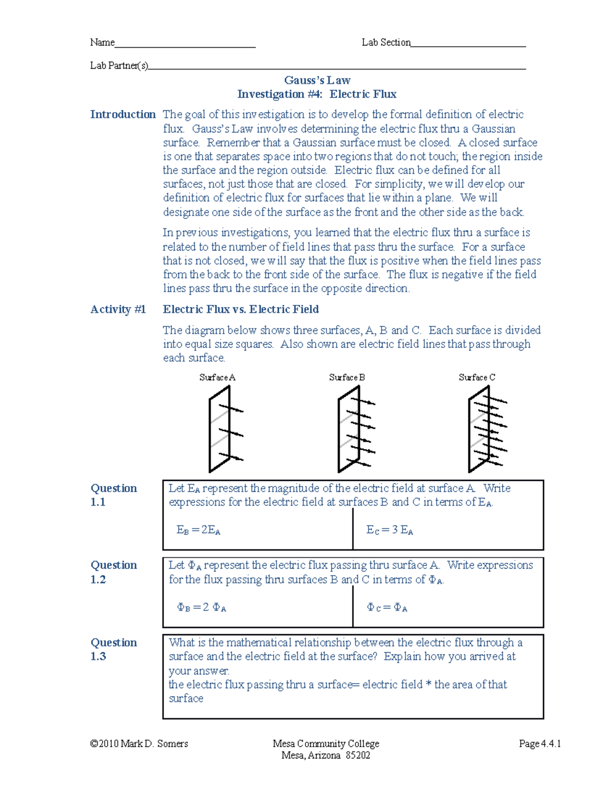Investigation #4 - Electric Flux - Name____________________________ Lab ...
