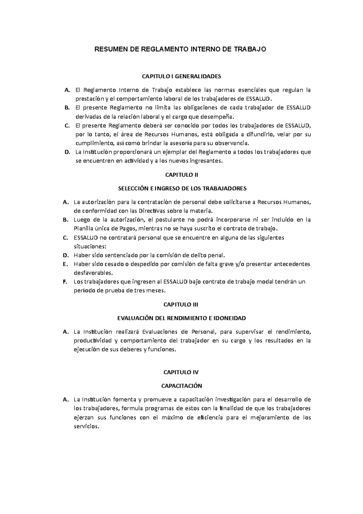 Hacer Resumen, PARA Maximo Viernes Final - RESUMEN DE REGLAMENTO INTERNO DE TRABAJO CAPITULO I ...