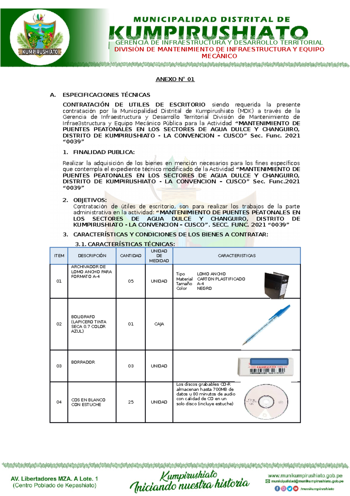 EETT - REQ Utiles DE Escritorio - ANEXO N° 01 A. ESPECIFICACIONES TÉCNICAS CONTRATACIÓN DE ...
