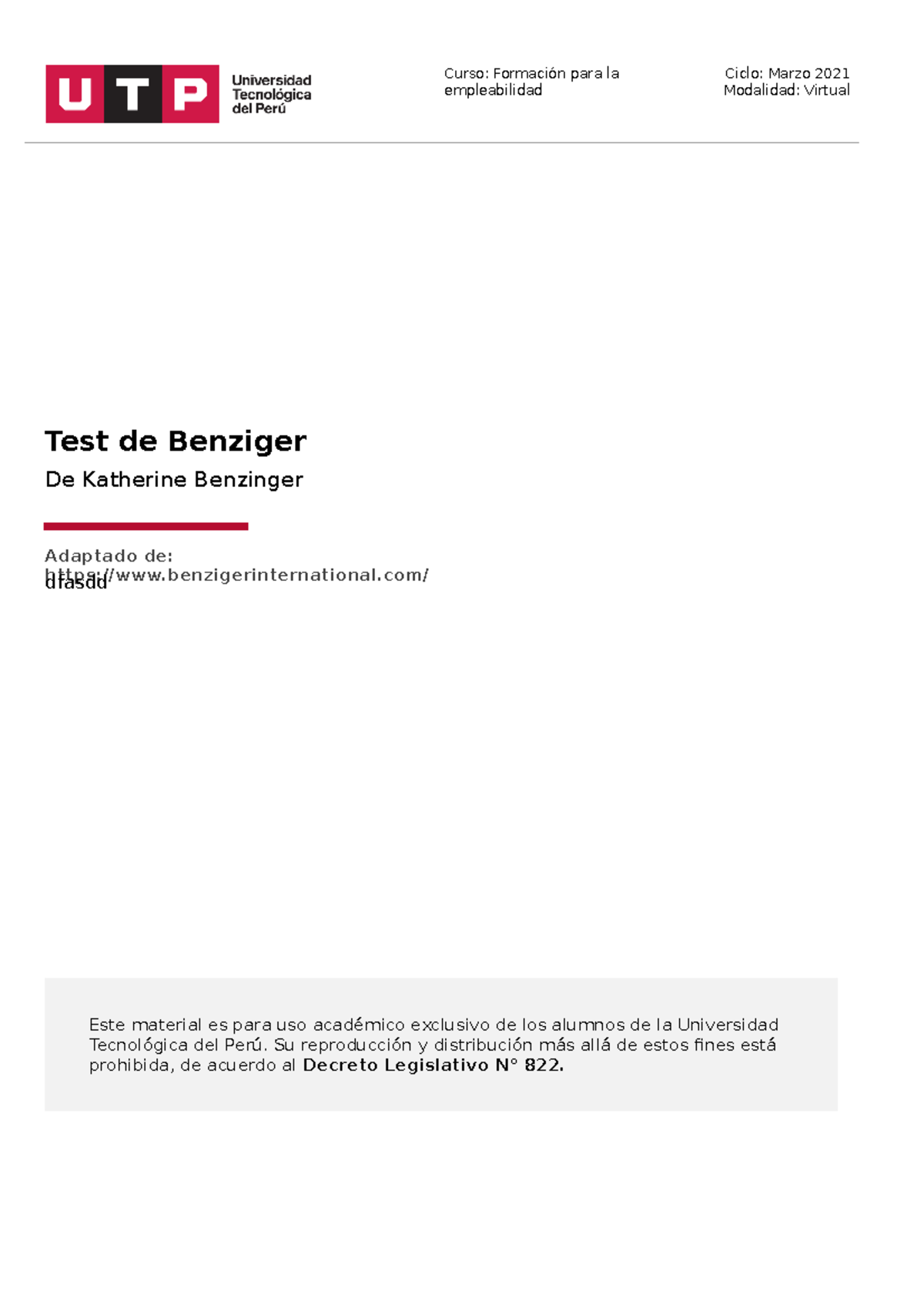 S5 Test de Benziger - CICLO 3 - Curso: Formación para la empleabilidad ...