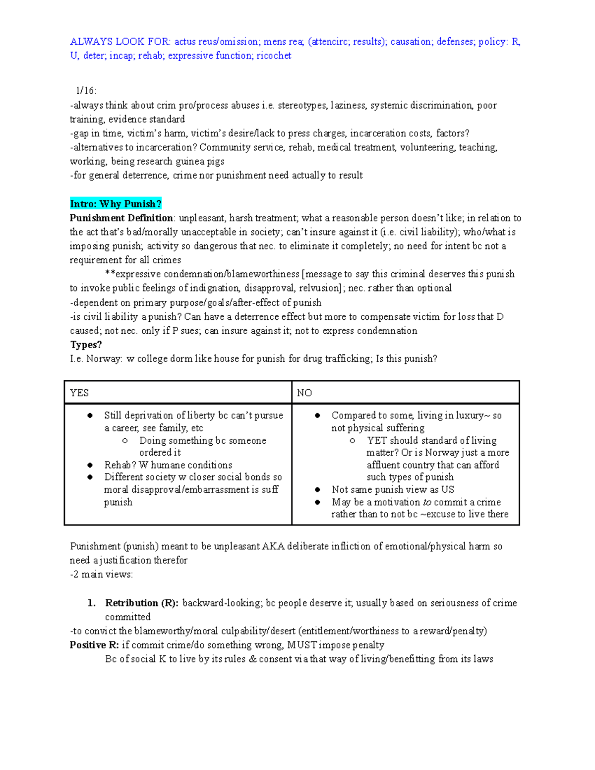 Criminal Law Outline - U, deter; incap; rehab; expressive function ...