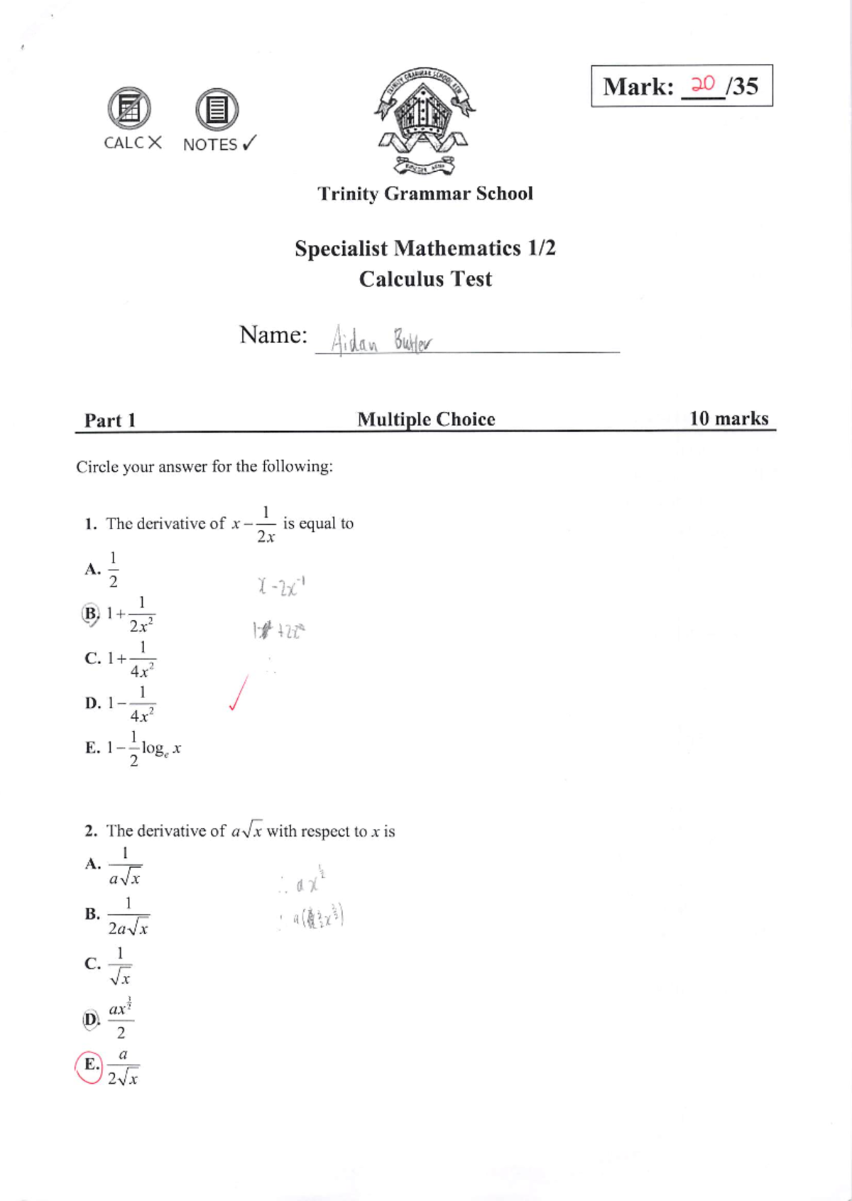 Calculus Test - Basic test - notes/ CALCX Mark: ^ / Trinity Grammar ...