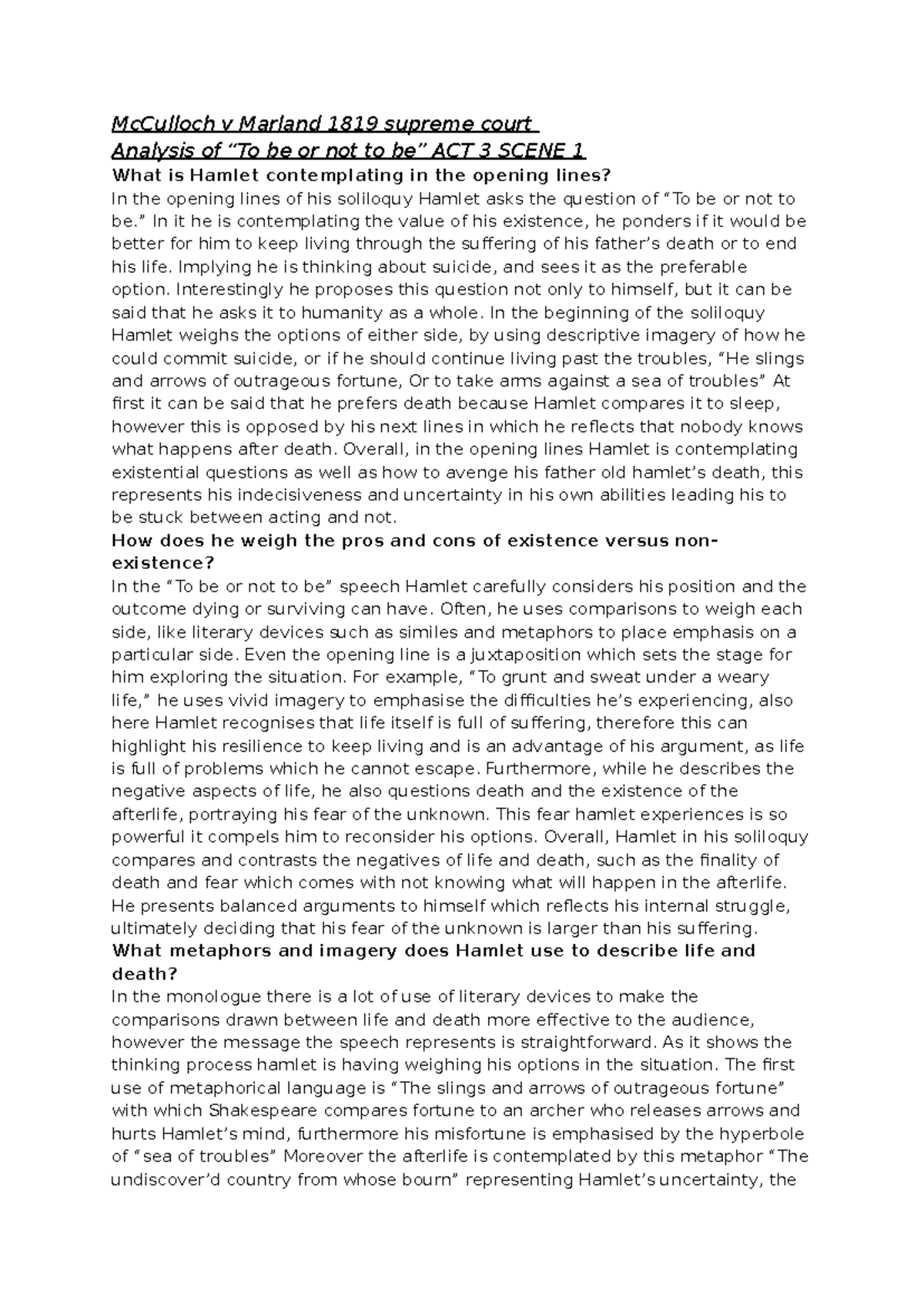 To be or not to be speech analysis Hamlet - McCulloch v Marland 1819 ...