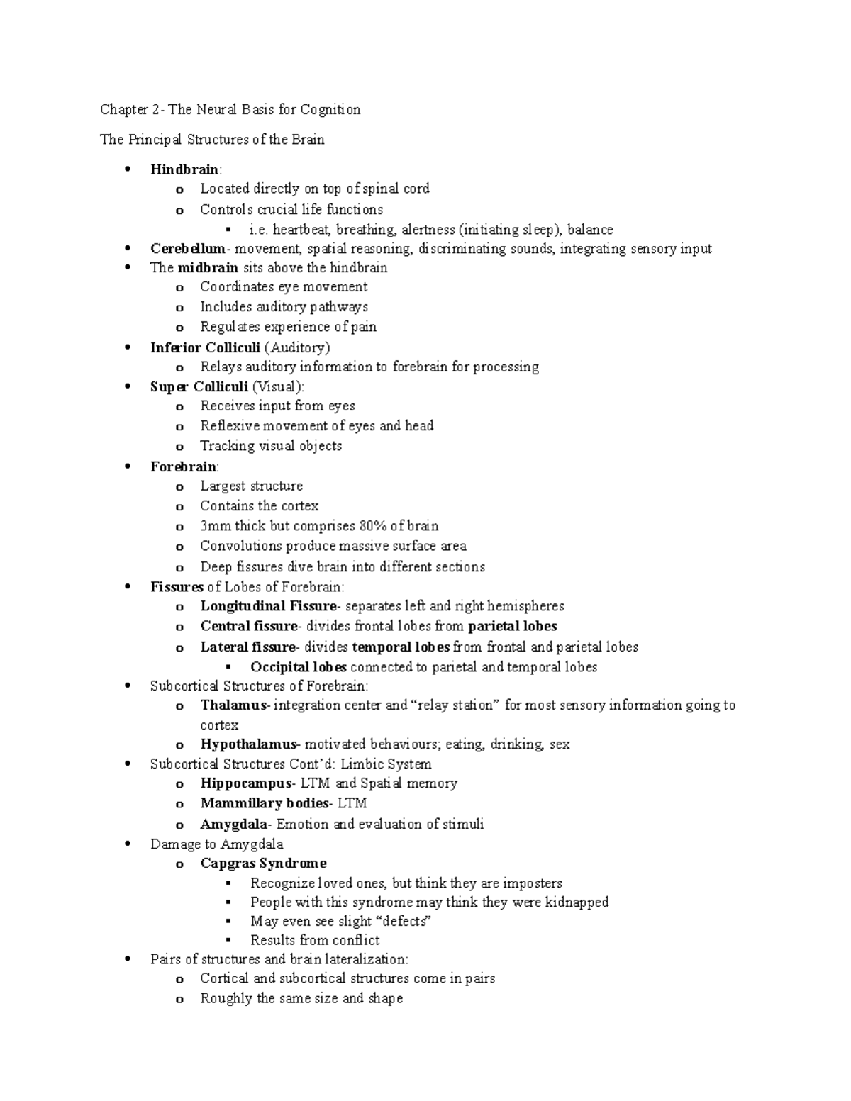 Week 2 Class 2 Lecture Notes Chapter The Neural Basis For Cognition The Principal Structures