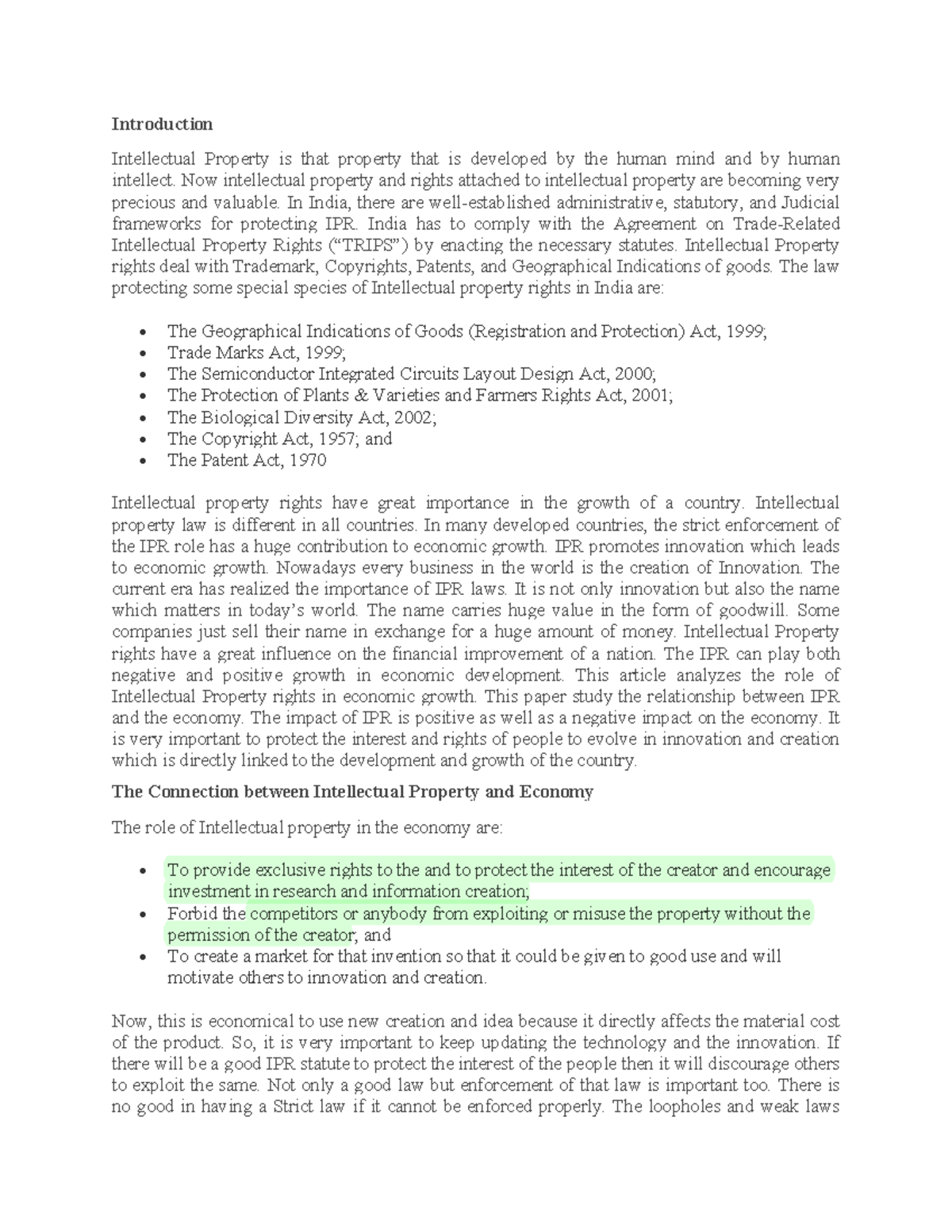 Economic Importance of IPR - Introduction Intellectual Property is that ...