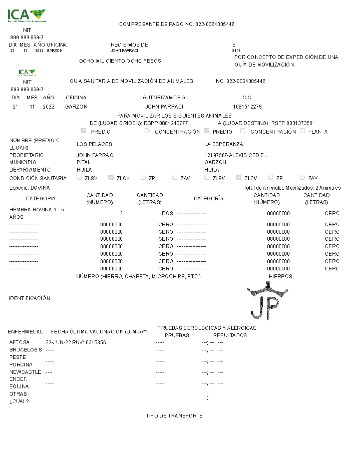 LA Esperanza - trabajo - COMPROBANTE DE PAGO NO. 022- NIT 899.999- DÍA ...