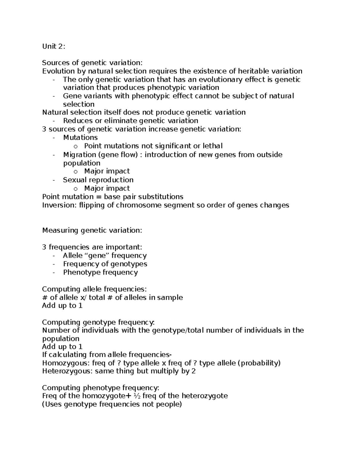 Unit 2 Lecture Notes Unit 2 Sources Of Genetic Variation Evolution By Natural Selection