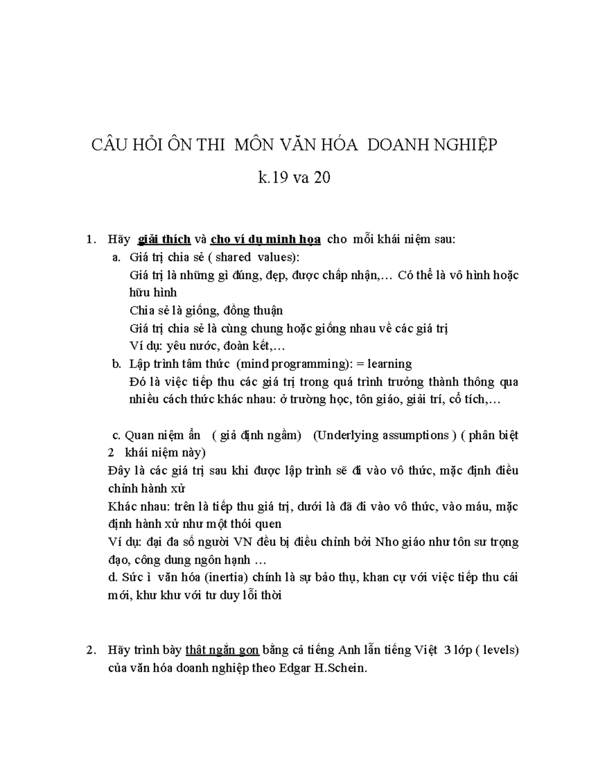 On thi k,19 va 20 moi - Ôn thi - CÂU HỎI ÔN THI MÔN VĂN HÓA DOANH NGHIỆP k va 20 Hãy giải thích ...