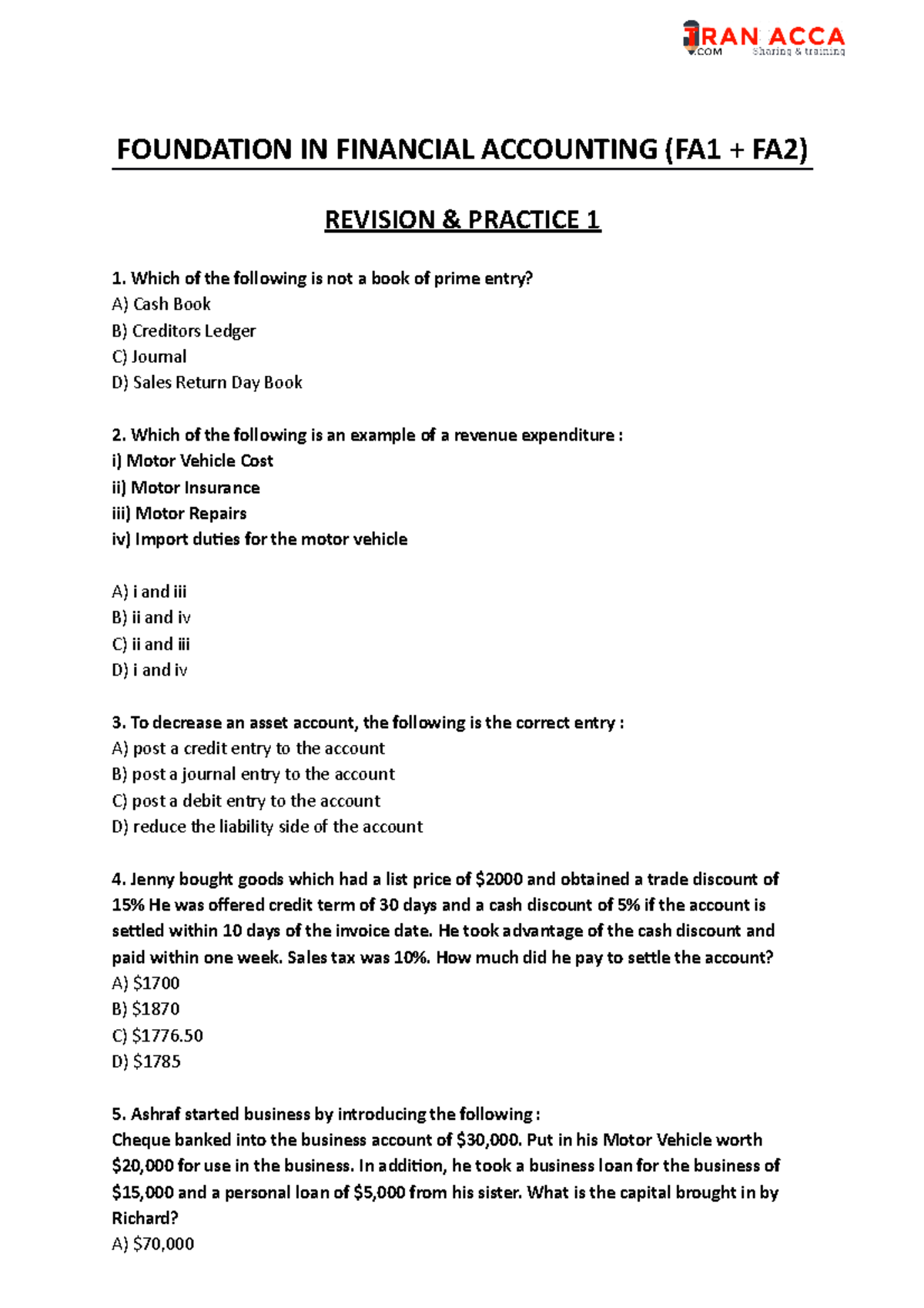 Fi FA Revision Test 1 - Foundation in Financial Accounting Mock exam on ...