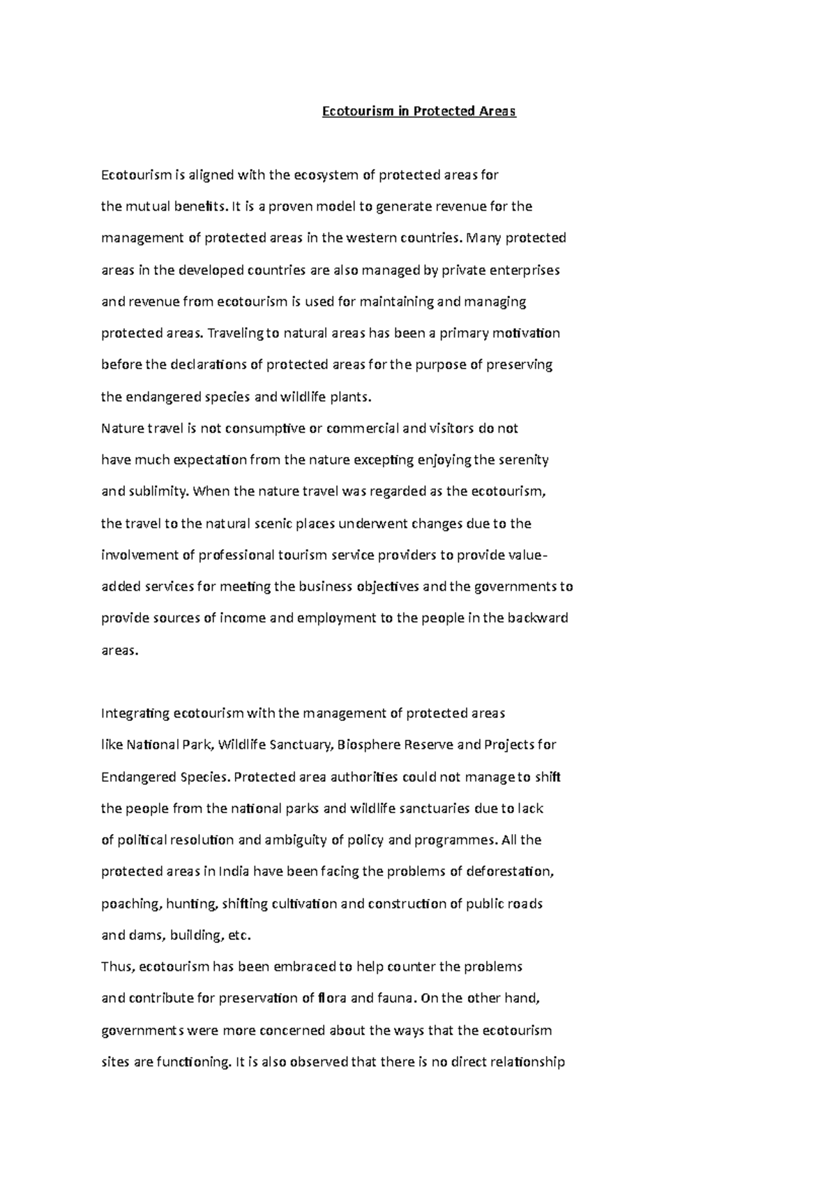 Eco 41 Short Summary Note Ecotourism In Protected Areas Ecotourism Is Aligned With The