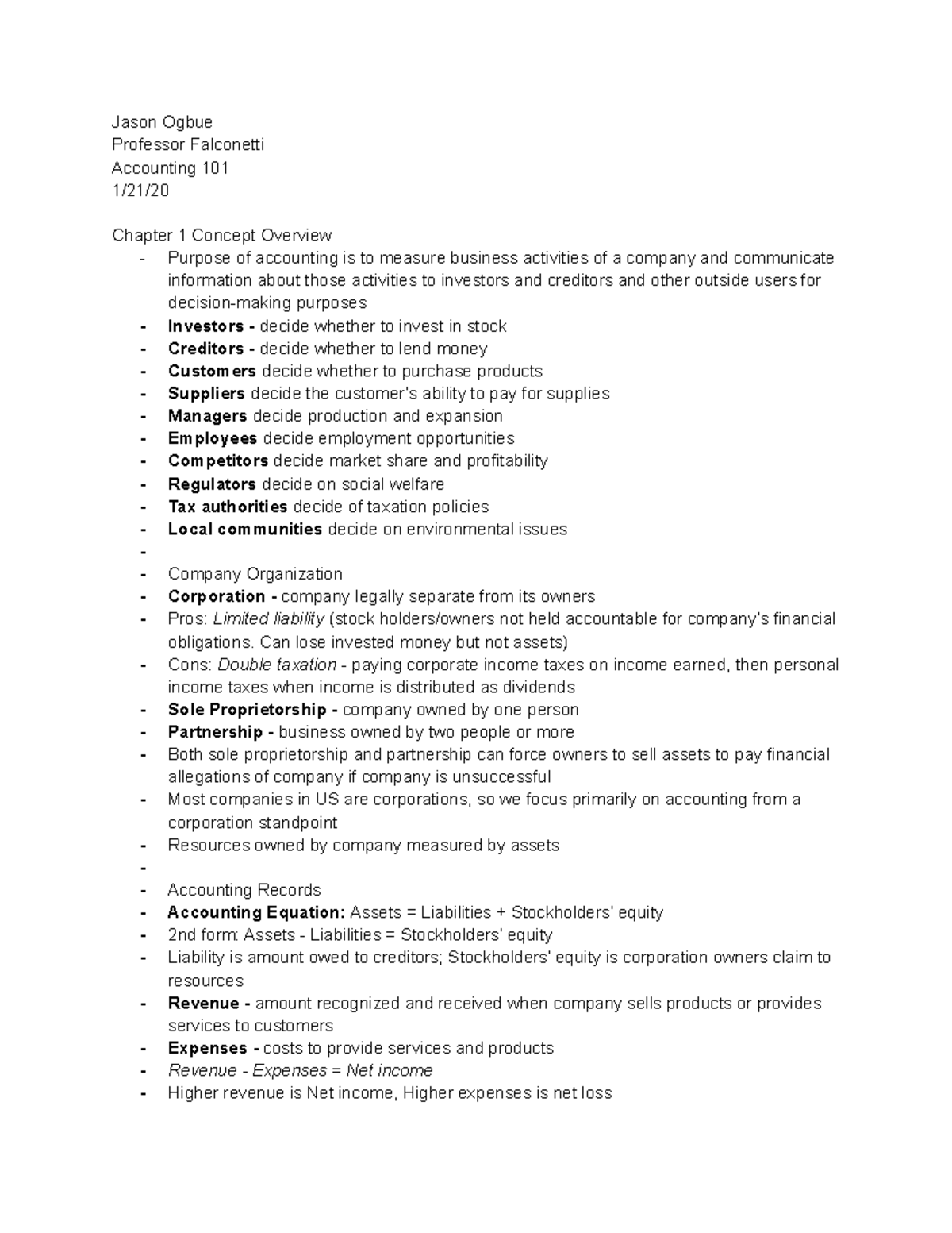 Acc 101 Chapter 1 Concept Overview Jason Ogbue Professor Falconetti