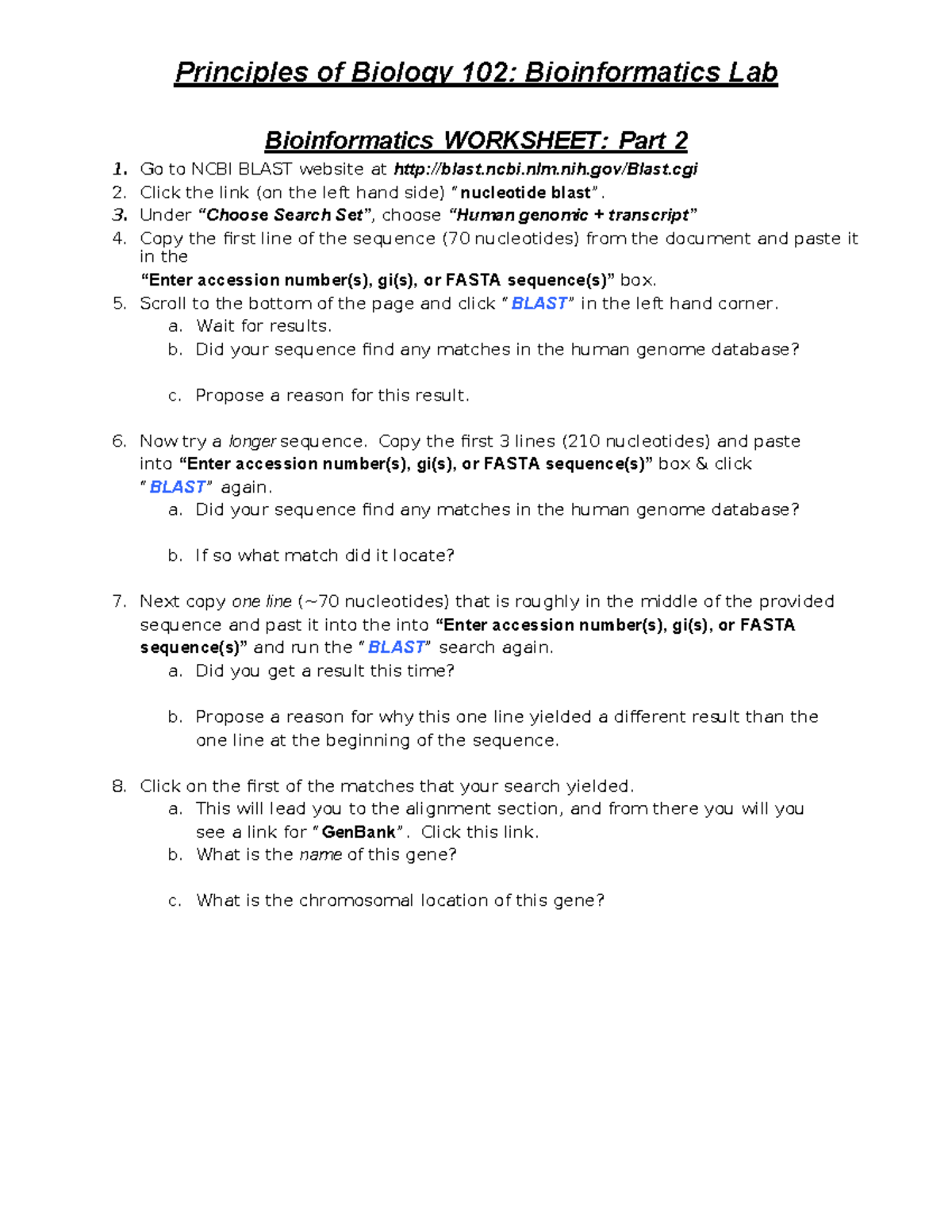 Worksheet 2&3 Blast - Principles of Biology 102: Bioinformatics Lab ...