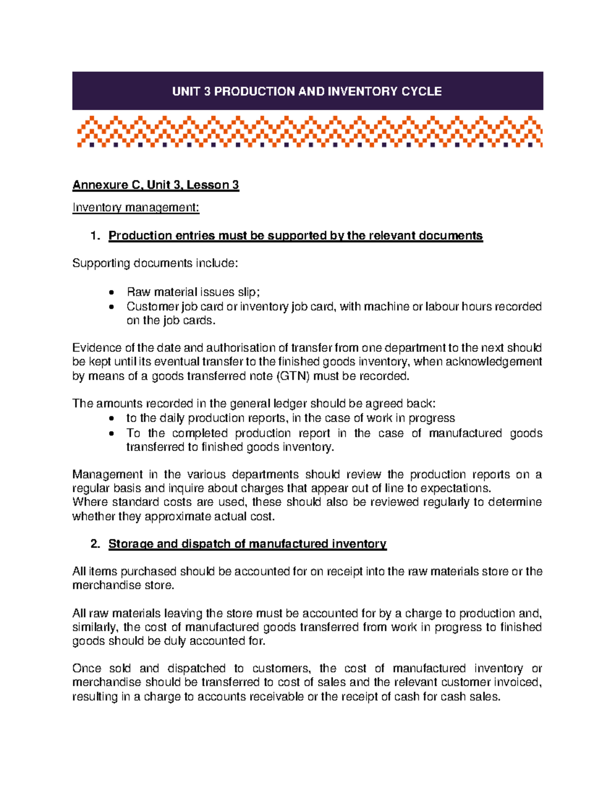 Annexure C Unit 3 Lesson 3 - UNIT 3 PRODUCTION AND INVENTORY CYCLE ...