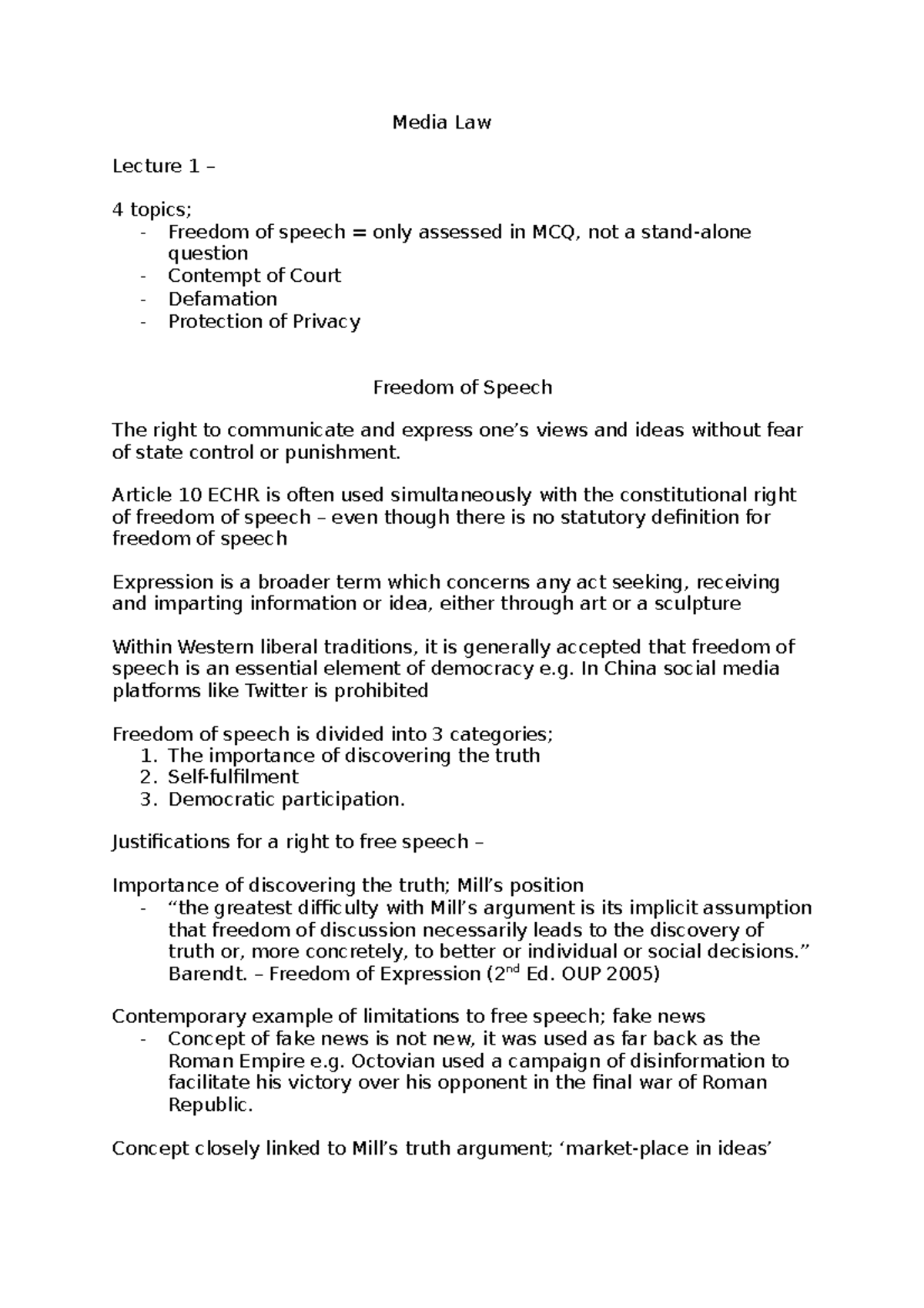 Freedom of Speech Notes - Media Law Lecture 1 – 4 topics; - Freedom of ...