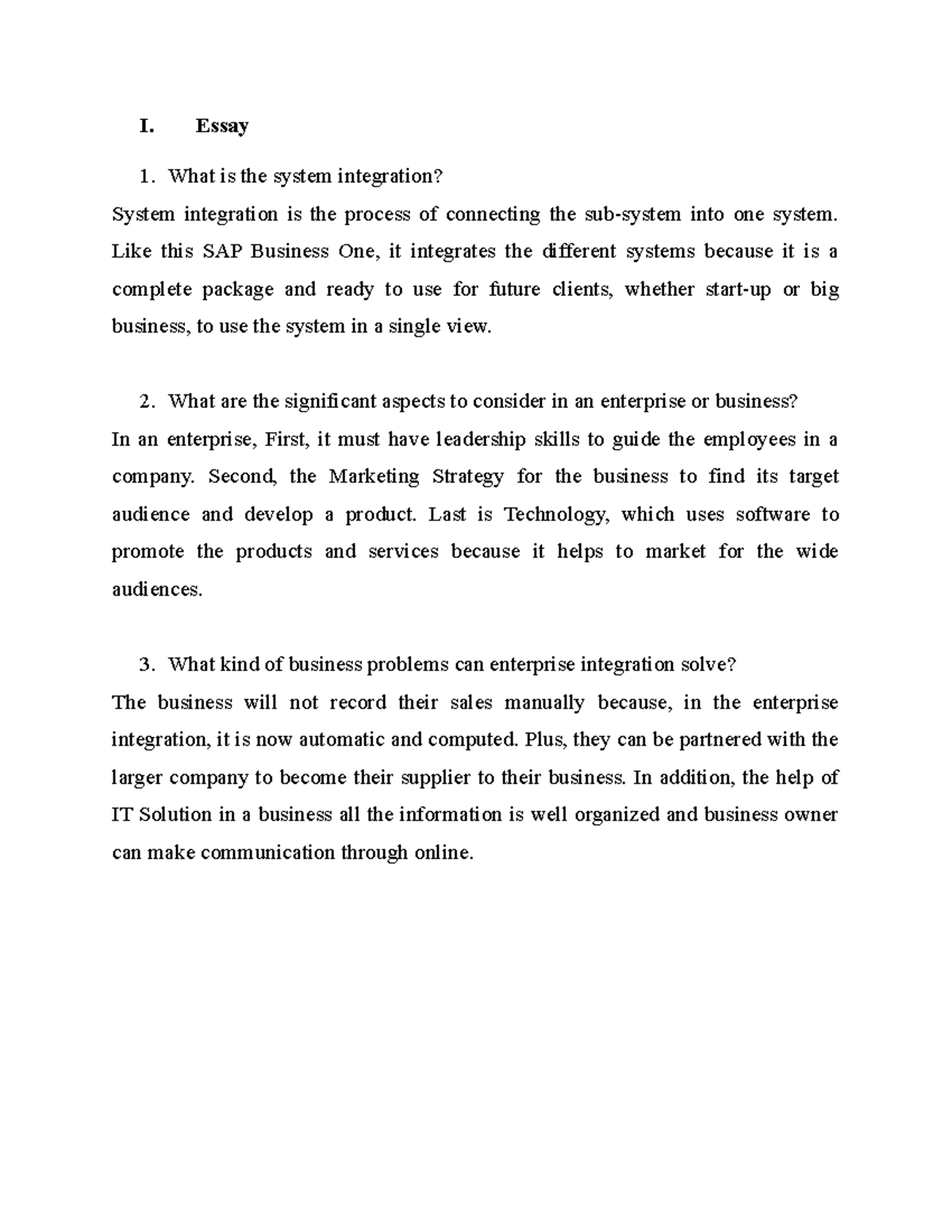 SAP2 08TP Essay - What is the system integration - I. Essay What is the ...