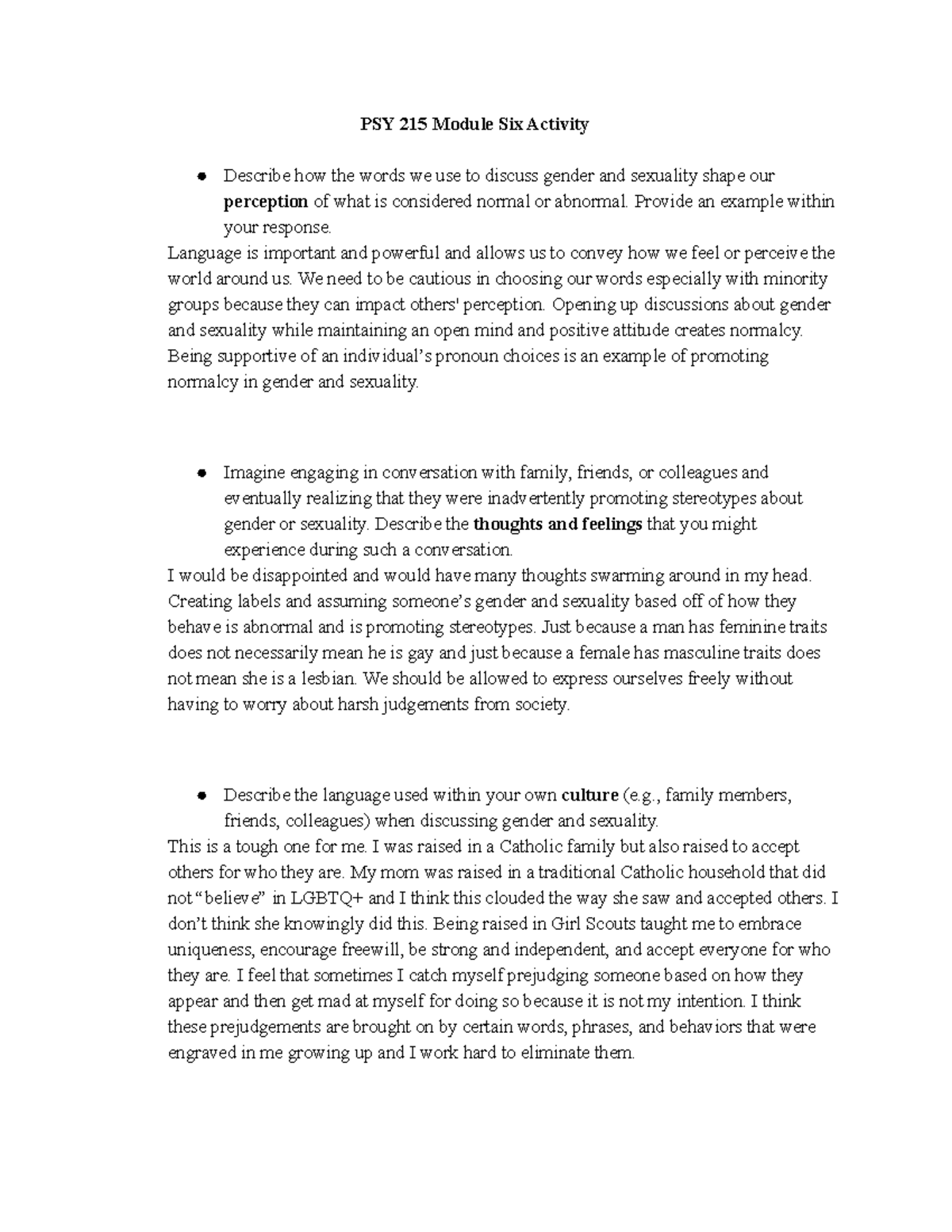 PSY 215 Module Six Activity - PSY 215 Module Six Activity Describe how ...