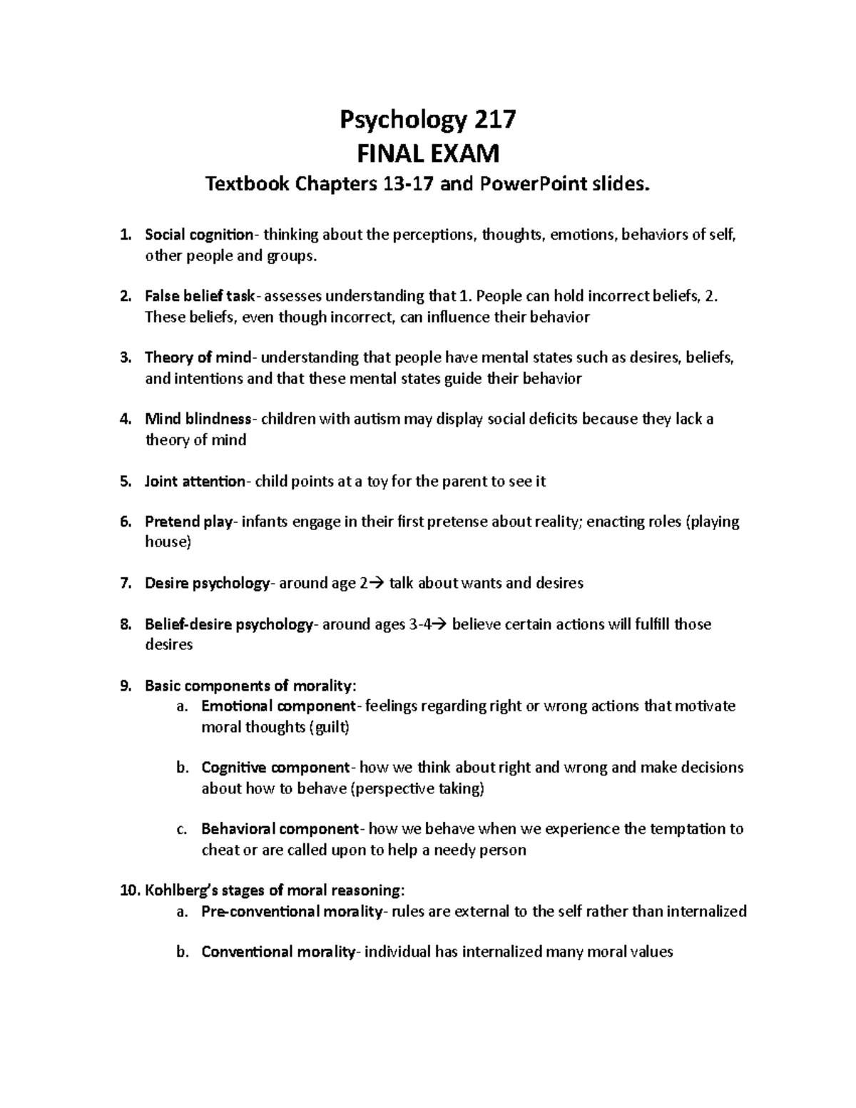 Final Exam- Review Sheet - Psychology 217 FINAL EXAM Textbook Chapters ...